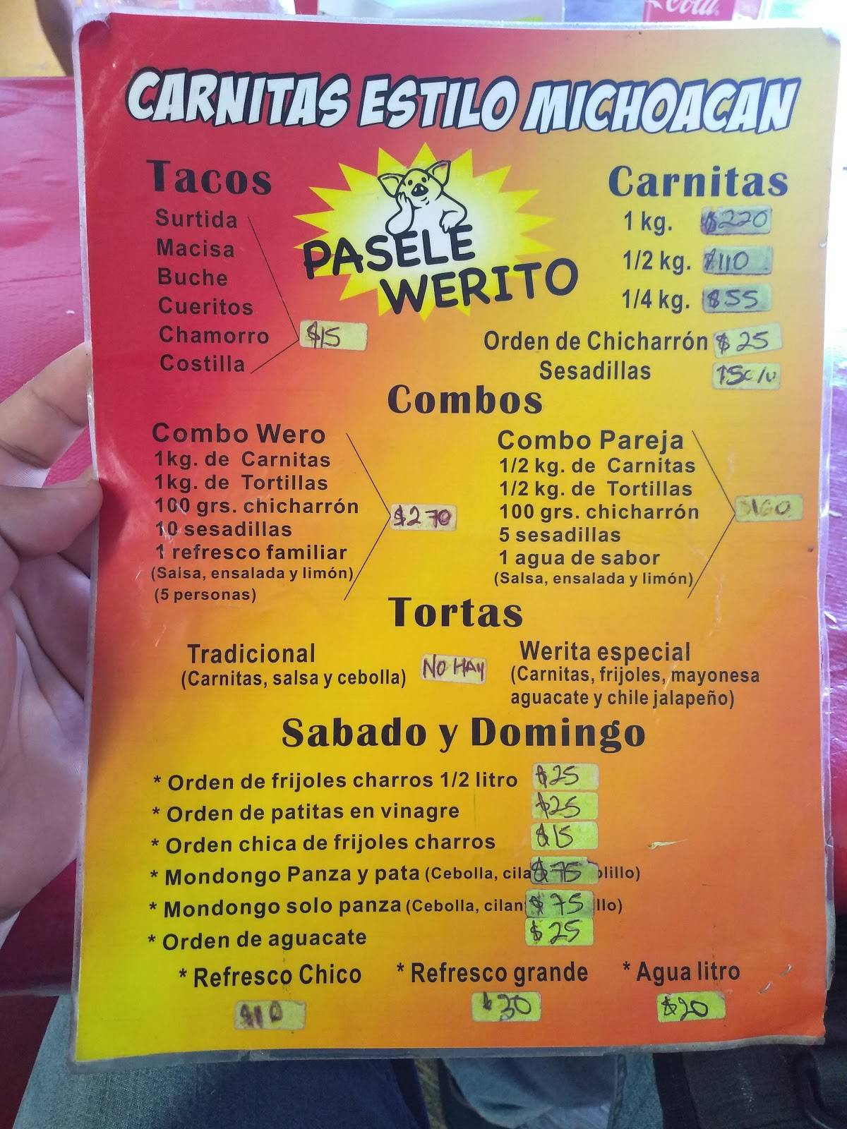 Carta del restaurante Pasele werito Las carnitas más ricas del Cancún ...