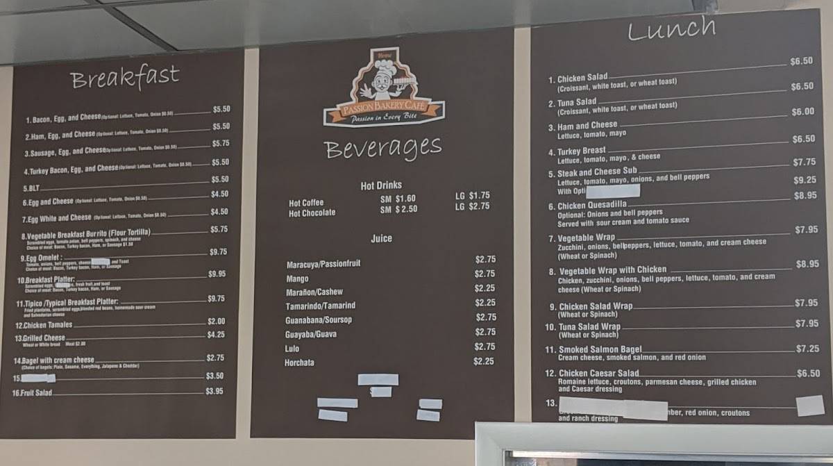 Menu at Passion Bakery Cafe, Aspen Hill