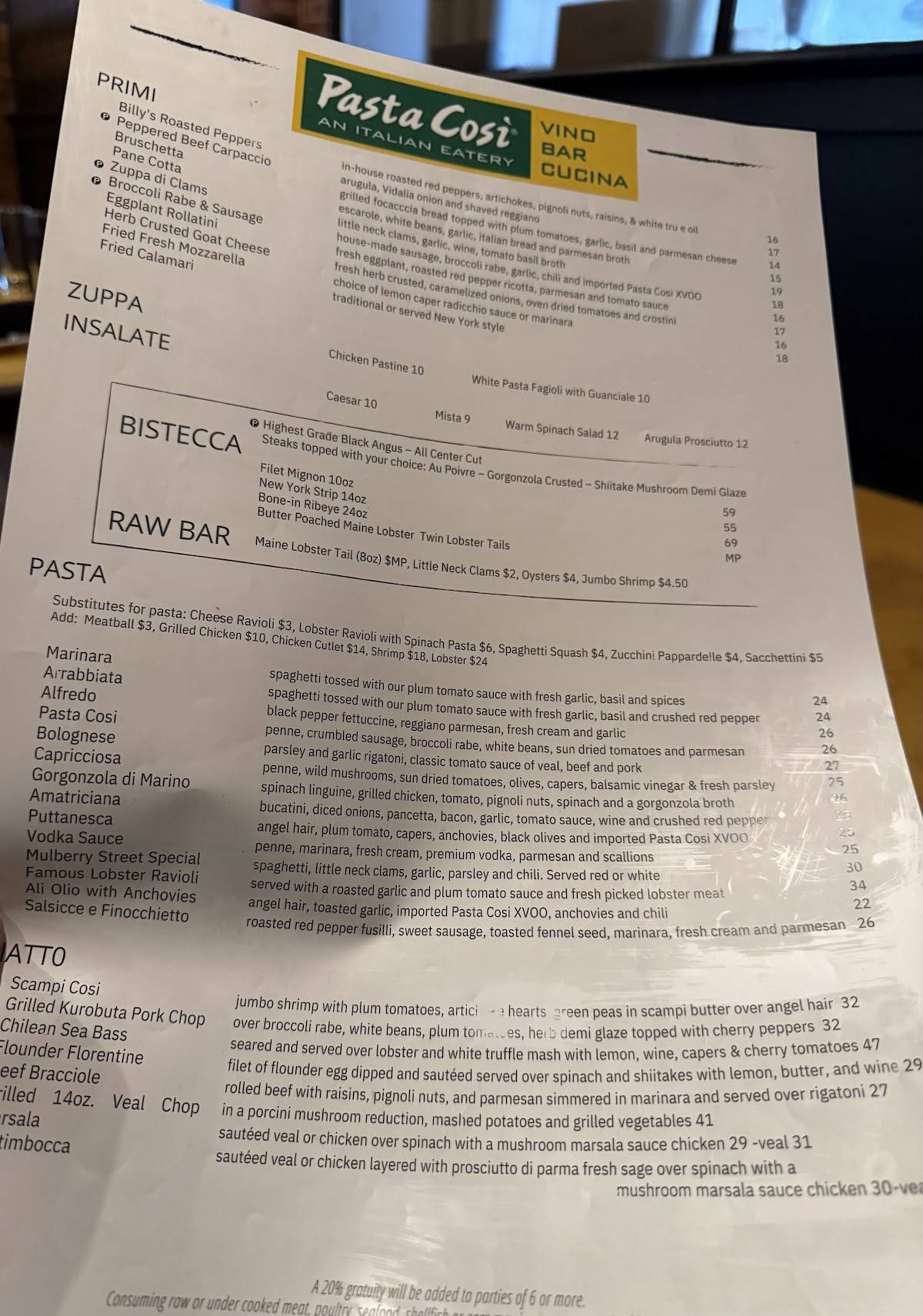 Menu at Pasta Cosi restaurant, Branford, Main St