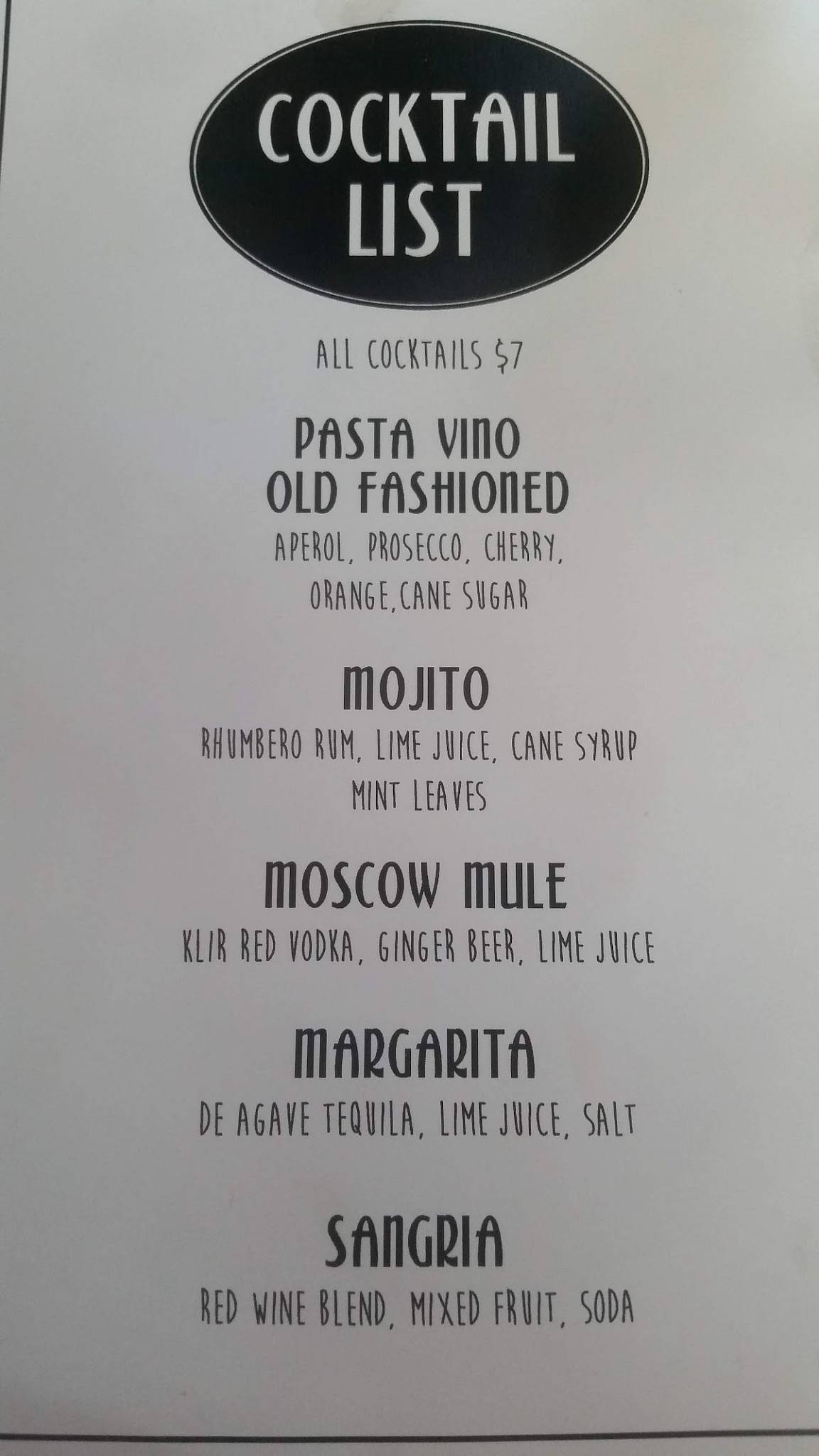 Menu at Pasta Vino pub & bar, Sister Bay