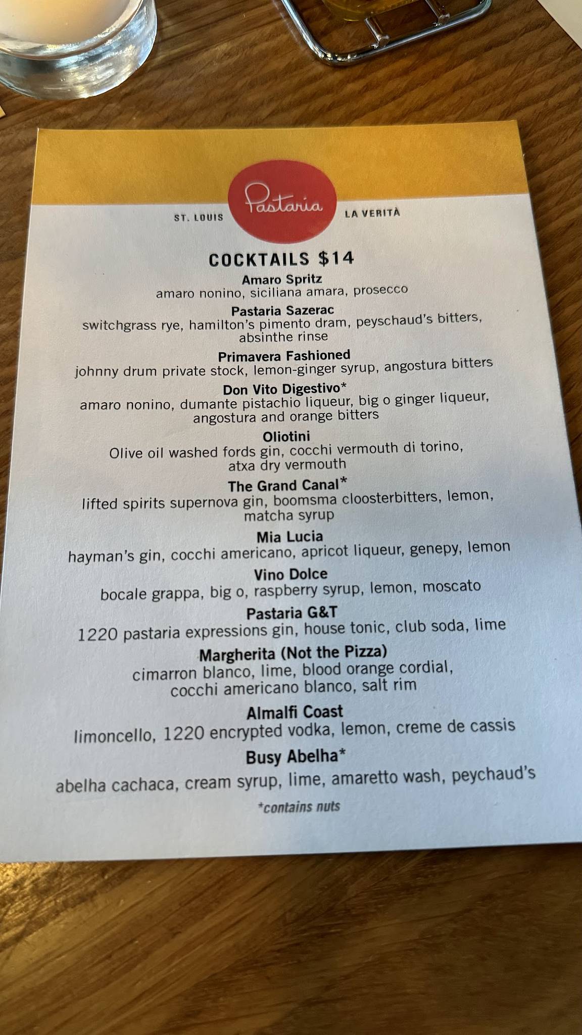 Menu at Pastaria restaurant, Clayton