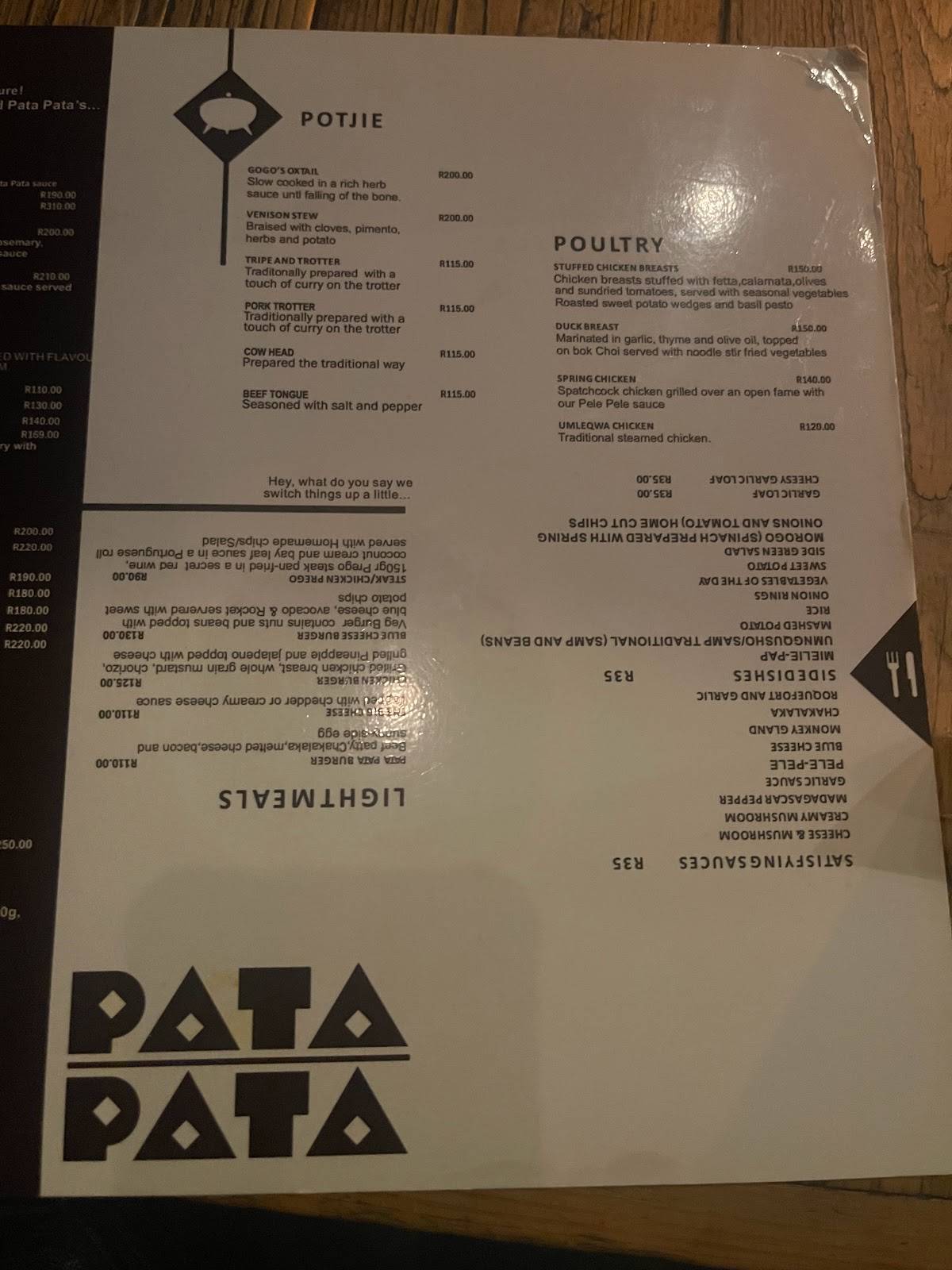 Menu at Pata Pata restaurant, Johannesburg, 286 Fox St
