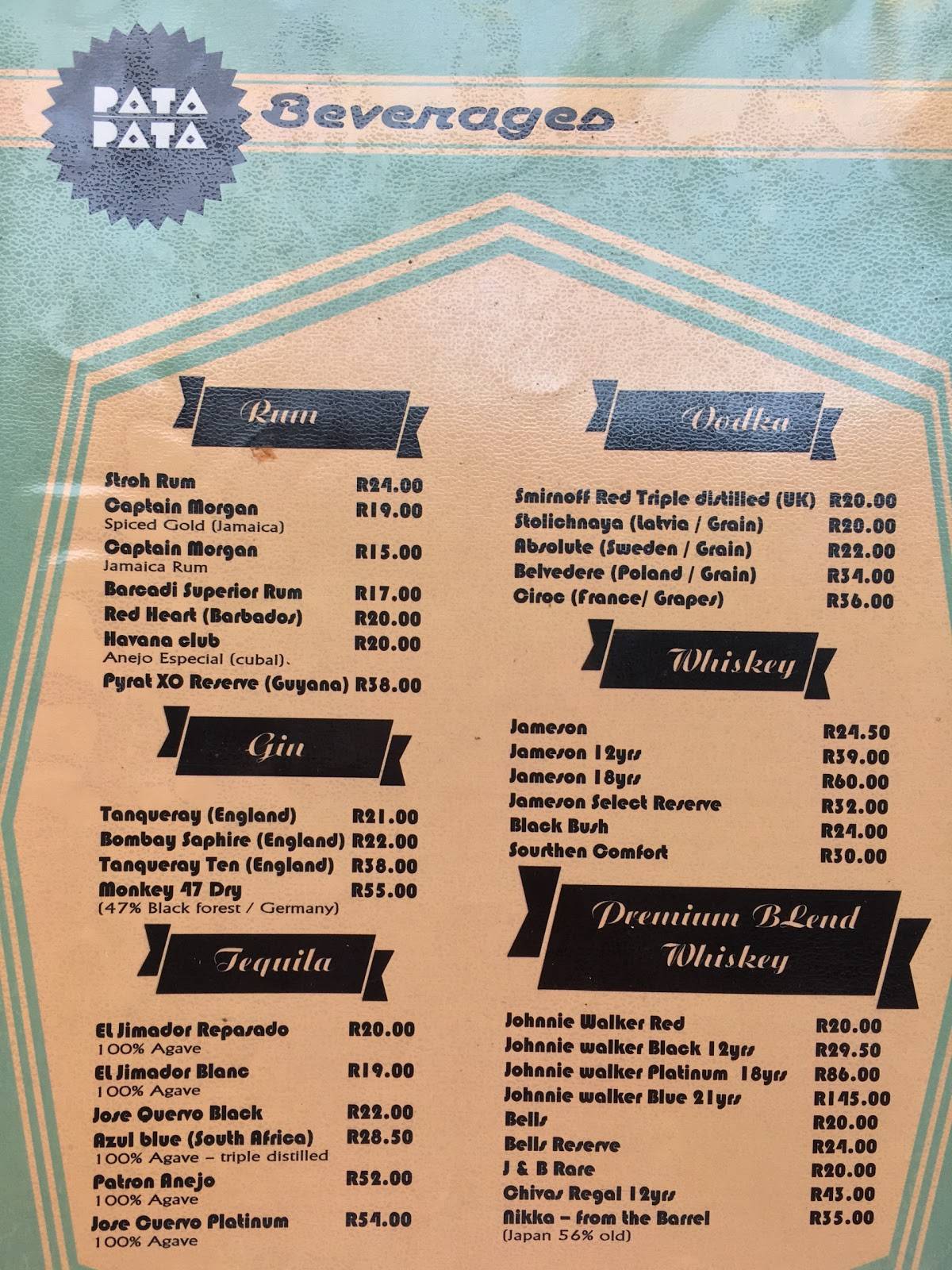 Menu at Pata Pata restaurant, Johannesburg, 286 Fox St
