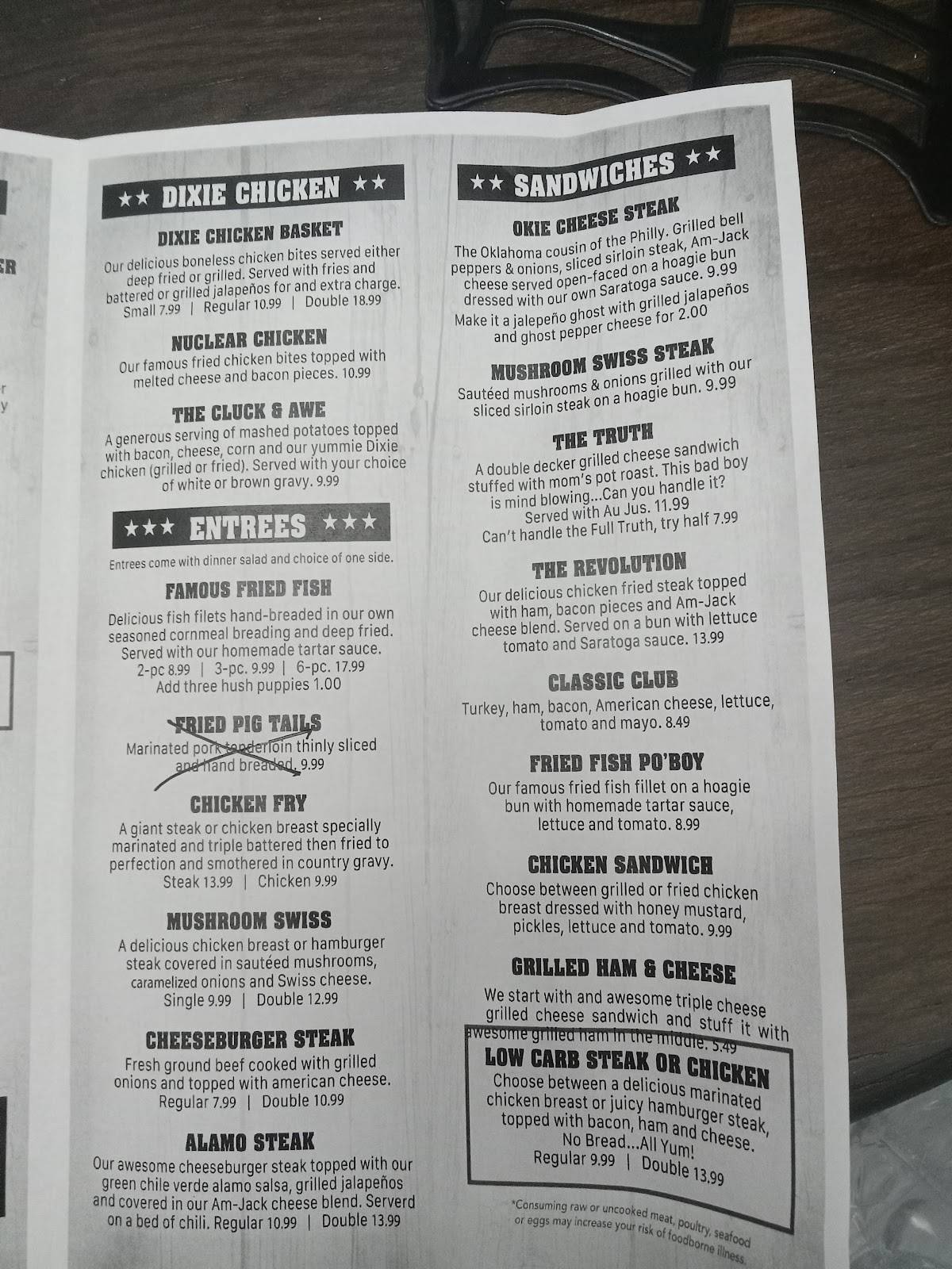 Menu at Patriot Cafe, Sapulpa