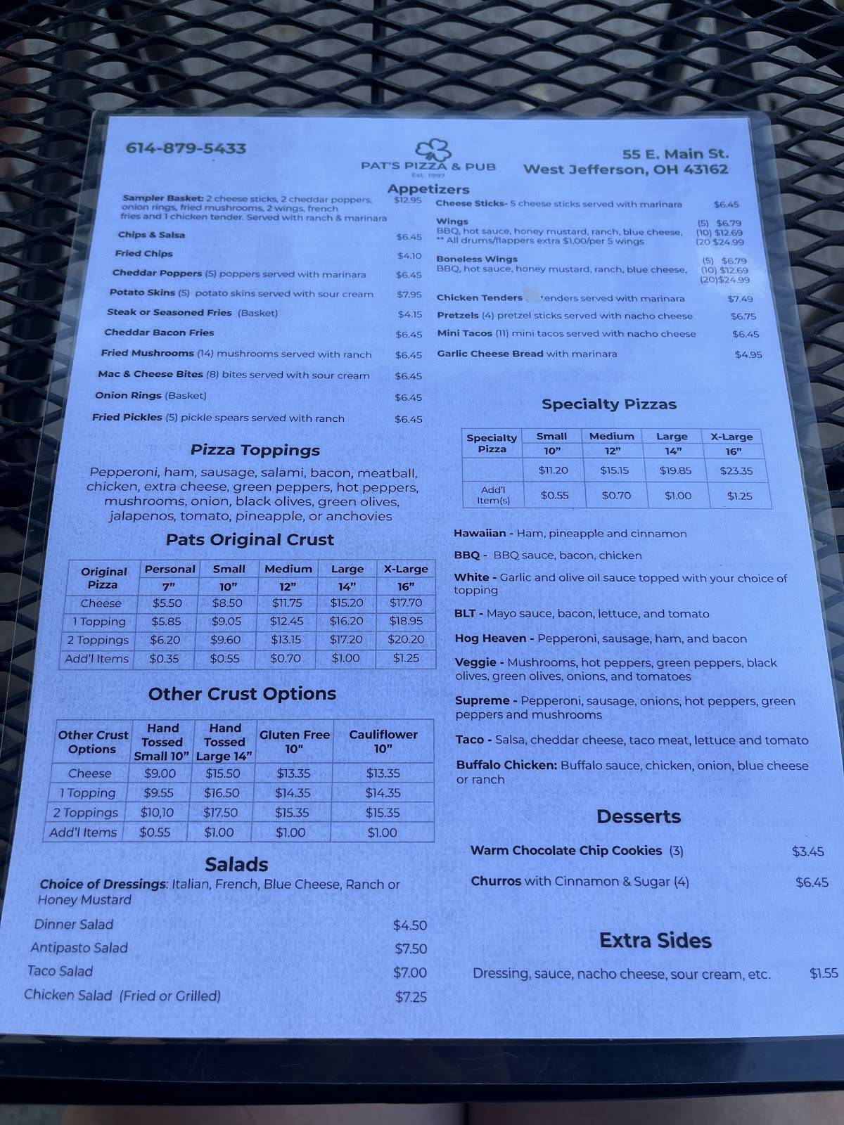 Menu at Pat's Pizza & Pub, West Jefferson