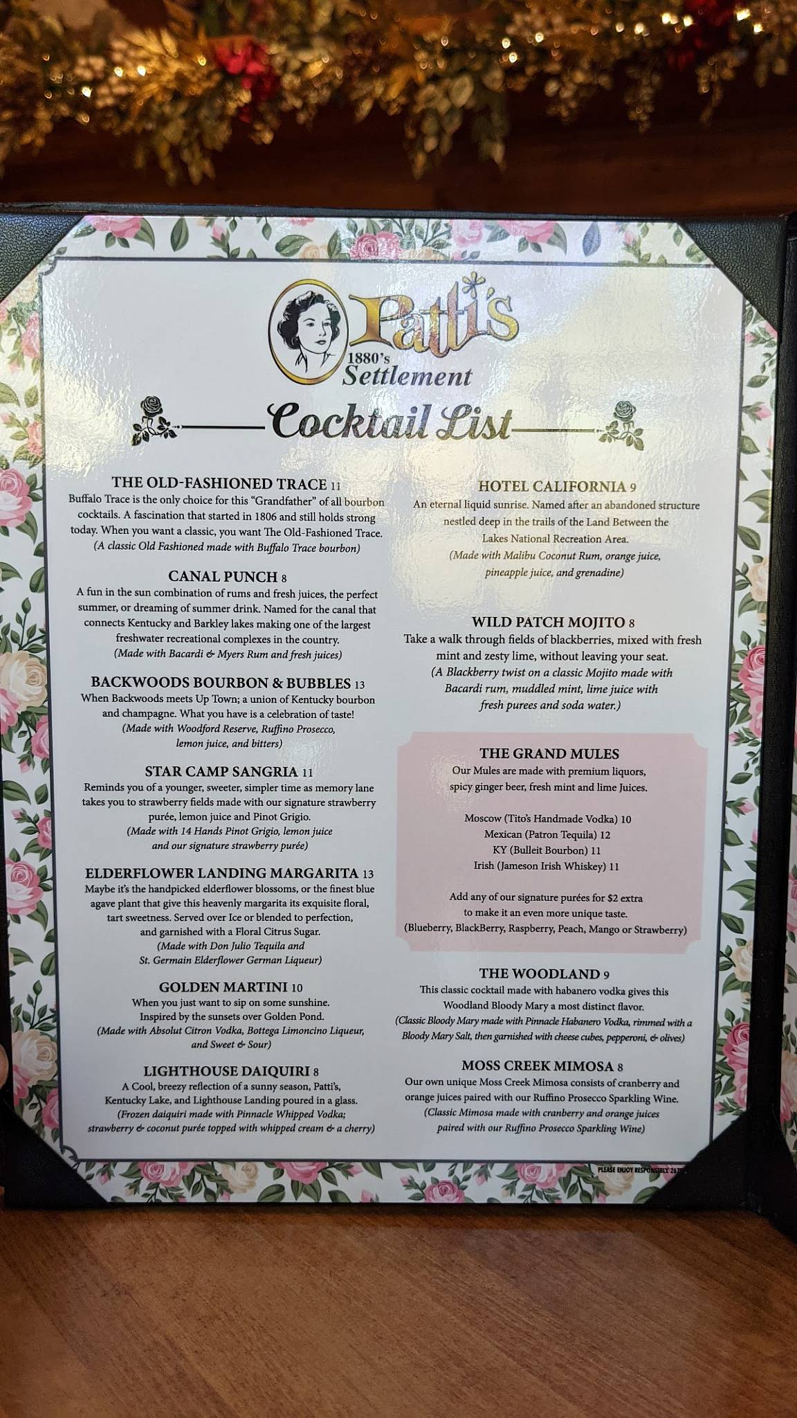 Menu at Patti's 1880's Settlement restaurant, Grand Rivers