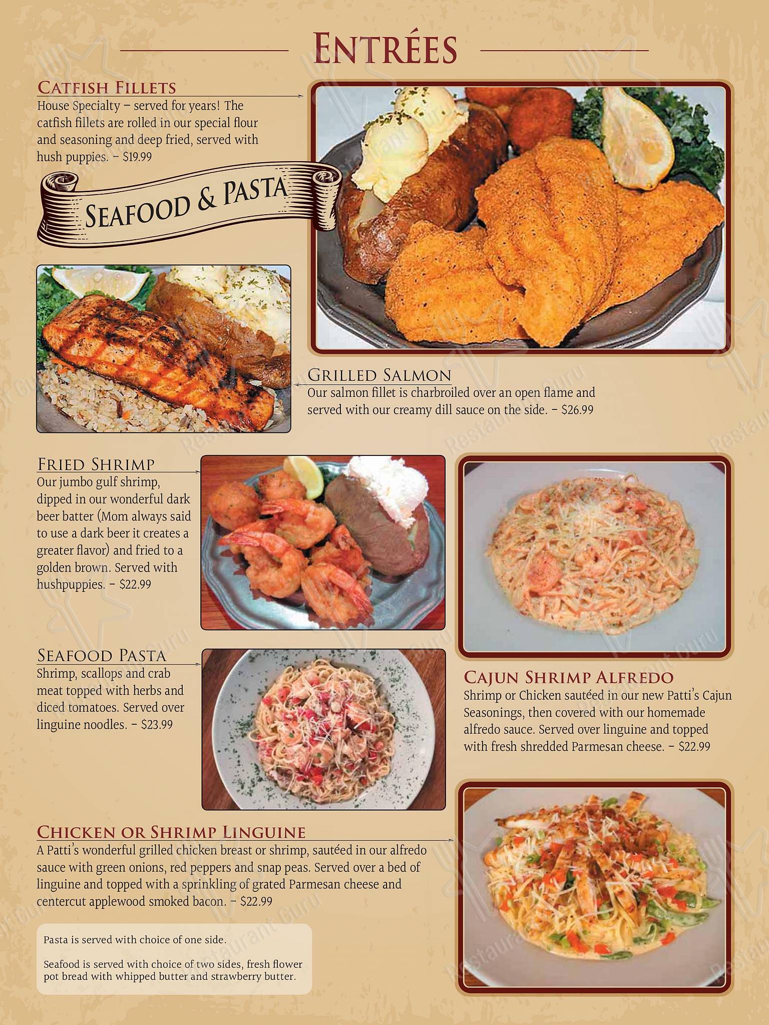 Menu at Patti's 1880's Settlement restaurant, Grand Rivers