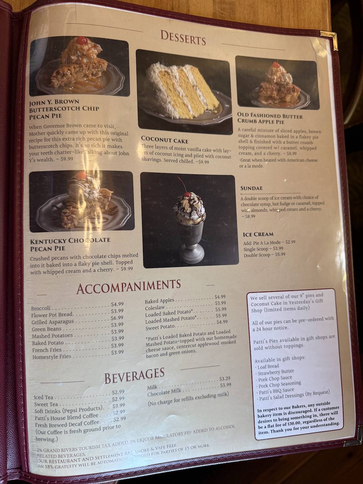 Menu at Patti's 1880's Settlement restaurant, Grand Rivers