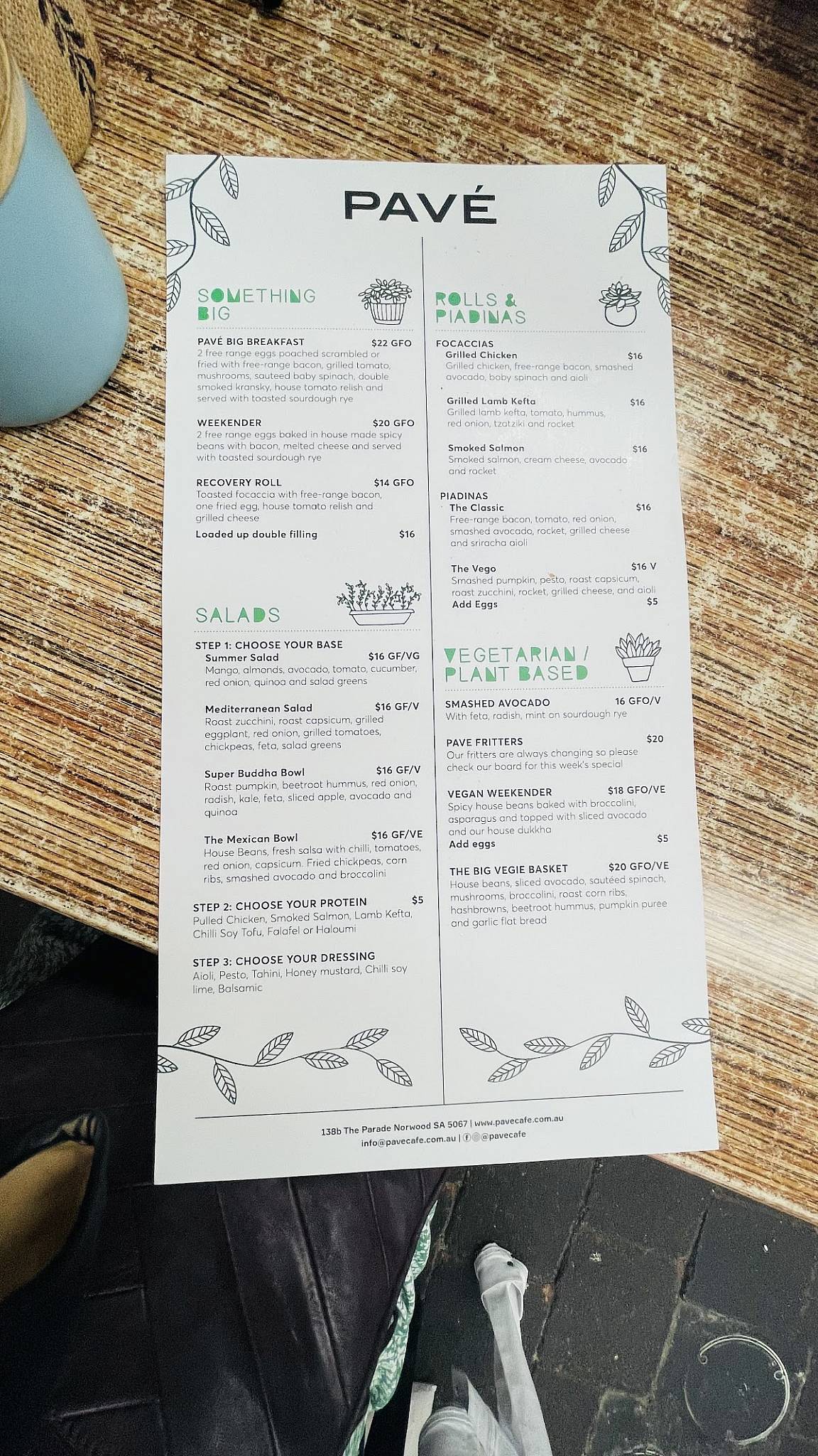 Menu at Pavé Cafe, Norwood