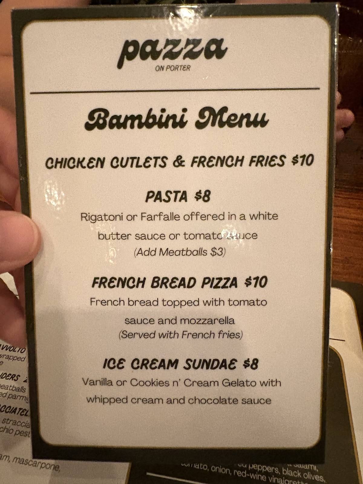 Menu at Pazza on Porter restaurant, Boston