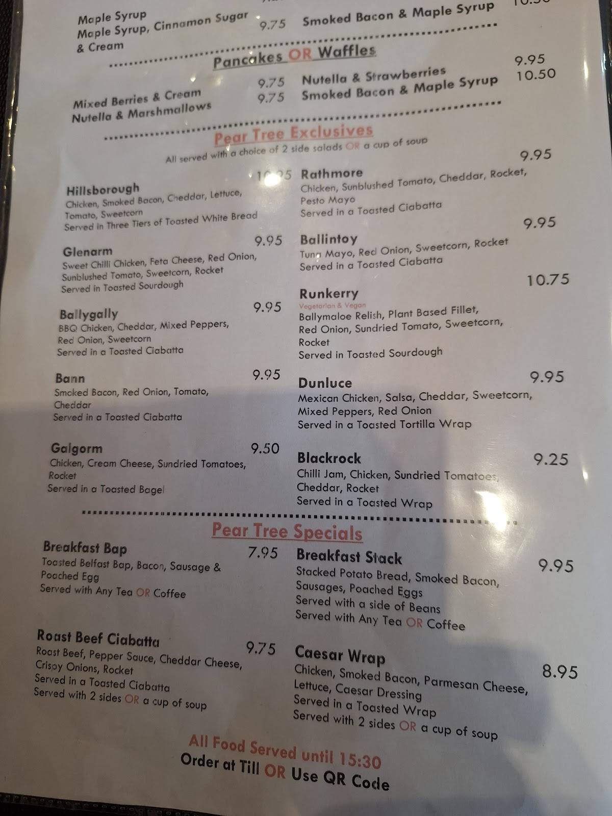 Menu at Pear Tree cafe, Coleraine