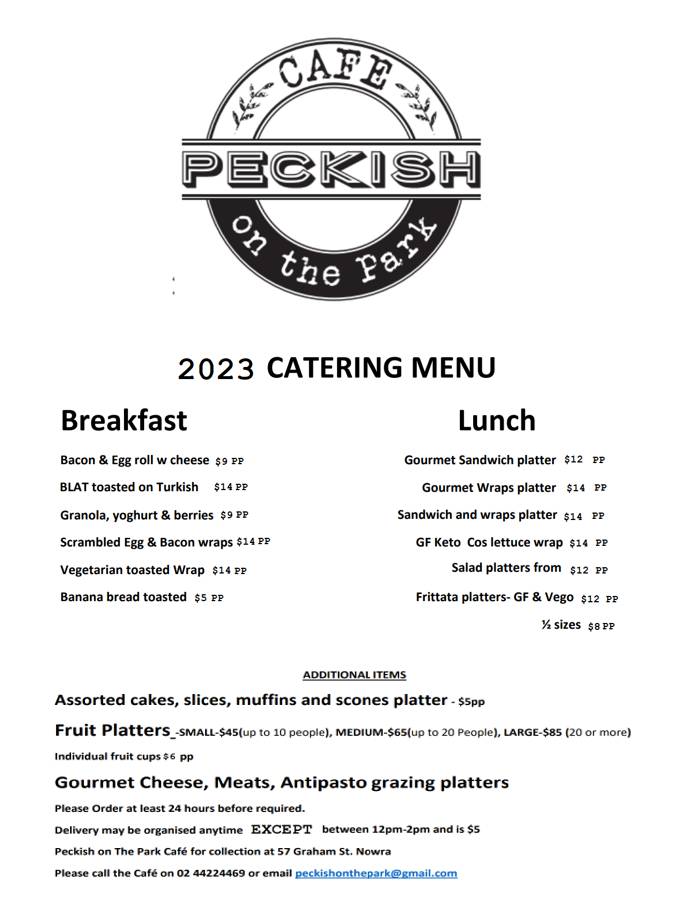 Menu at Peckish on the Park fast food, Nowra