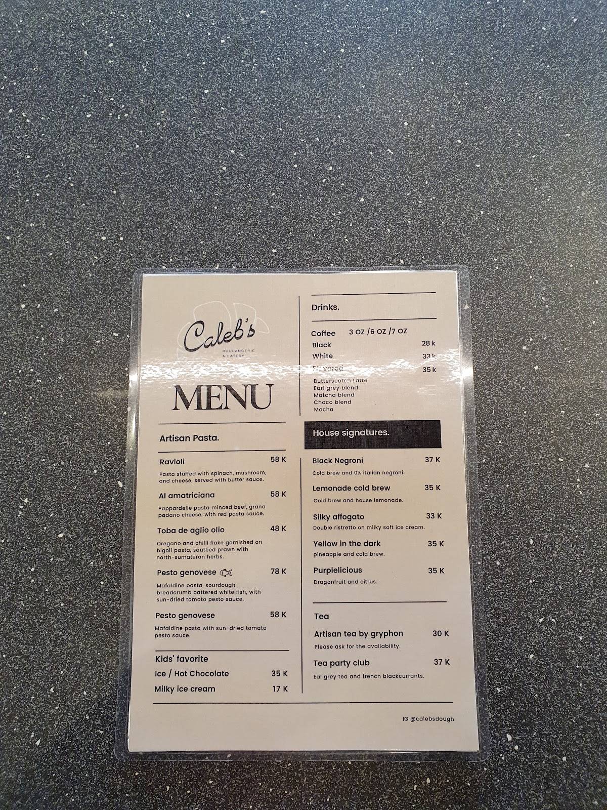 Menu at Caleb's Boulangerie and Eatery restaurant, Pekanbaru