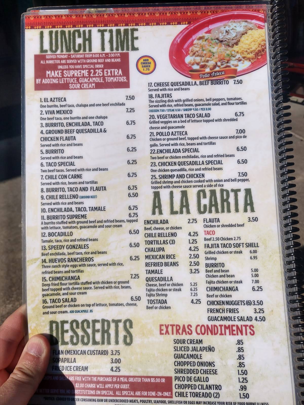 Menu at Aztecas Mexican Grill restaurant, Pell City