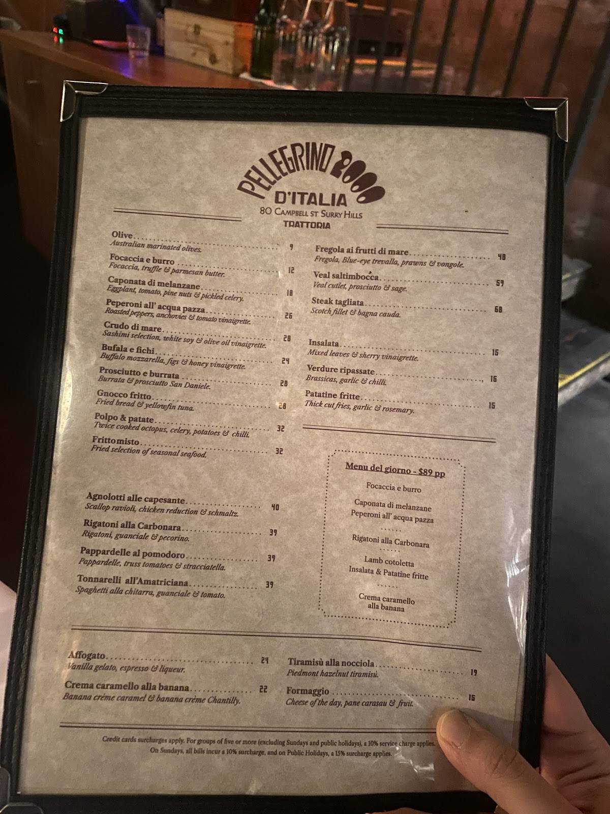 Menu at Pellegrino 2000 restaurant, Surry Hills