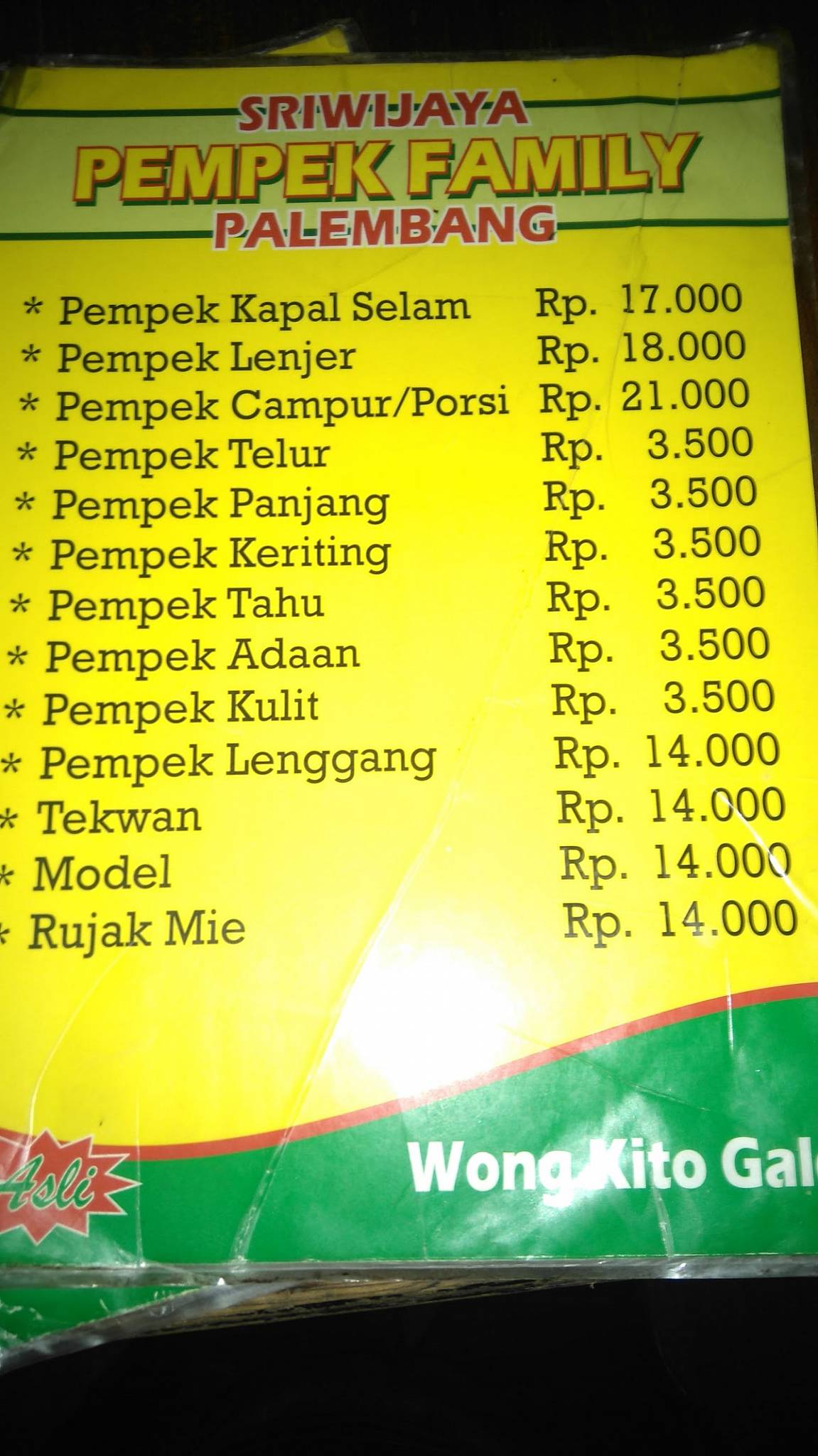 Menu at Pempek Family Palembang ( cabang Urip dpn kantor Gubernur ...
