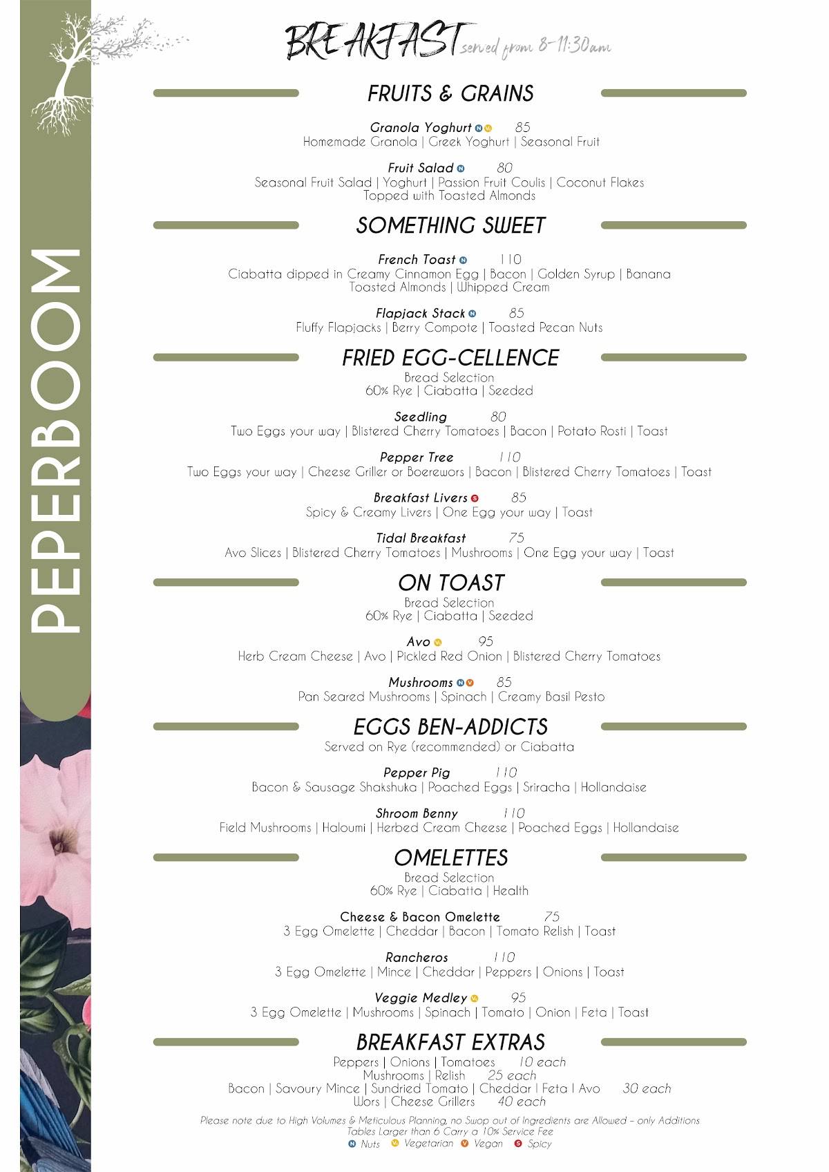 Menu at Peperboom Restaurant, Groot Brakrivier