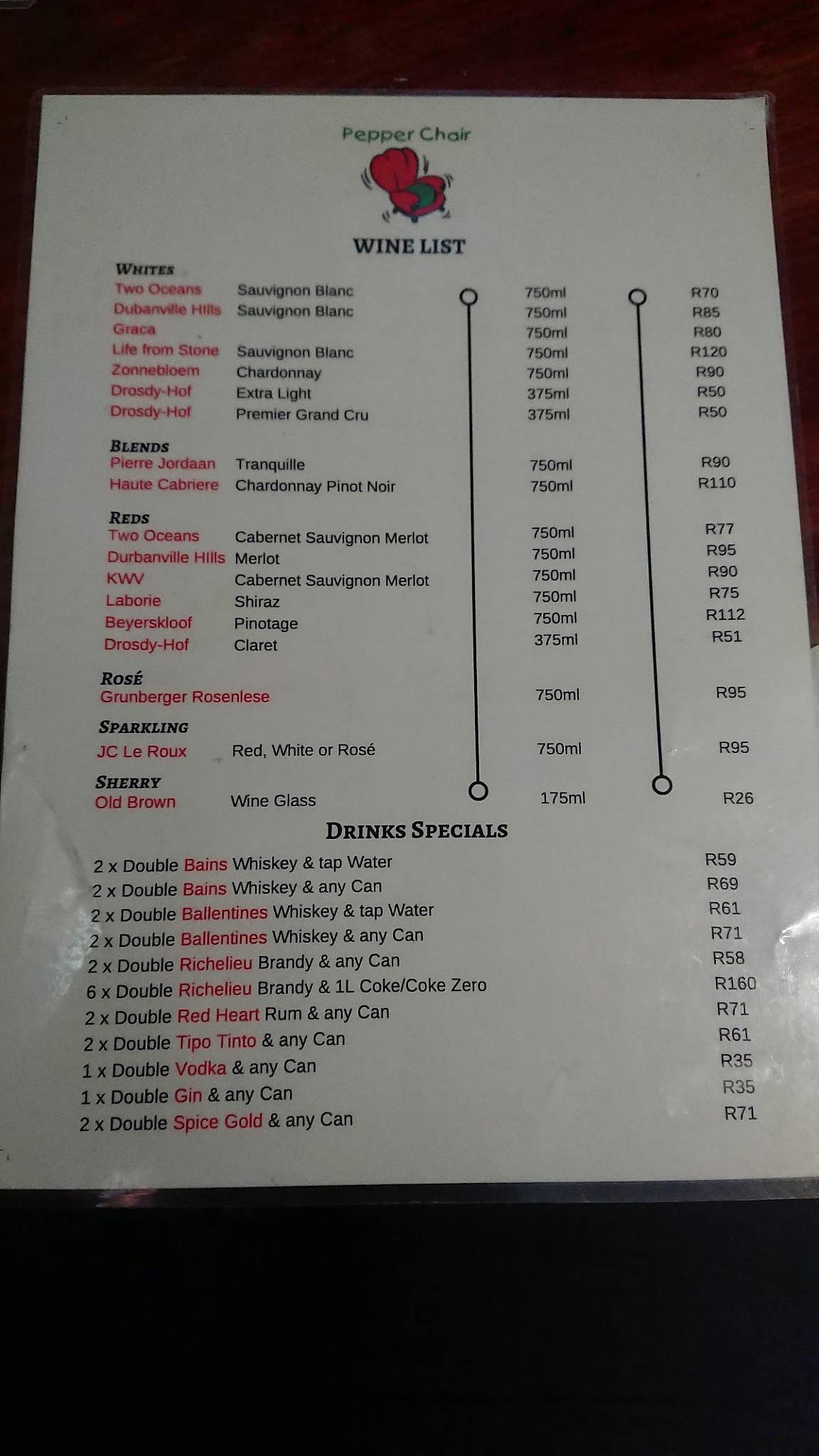 Menu at Pepper Chair Restaurant, Centurion