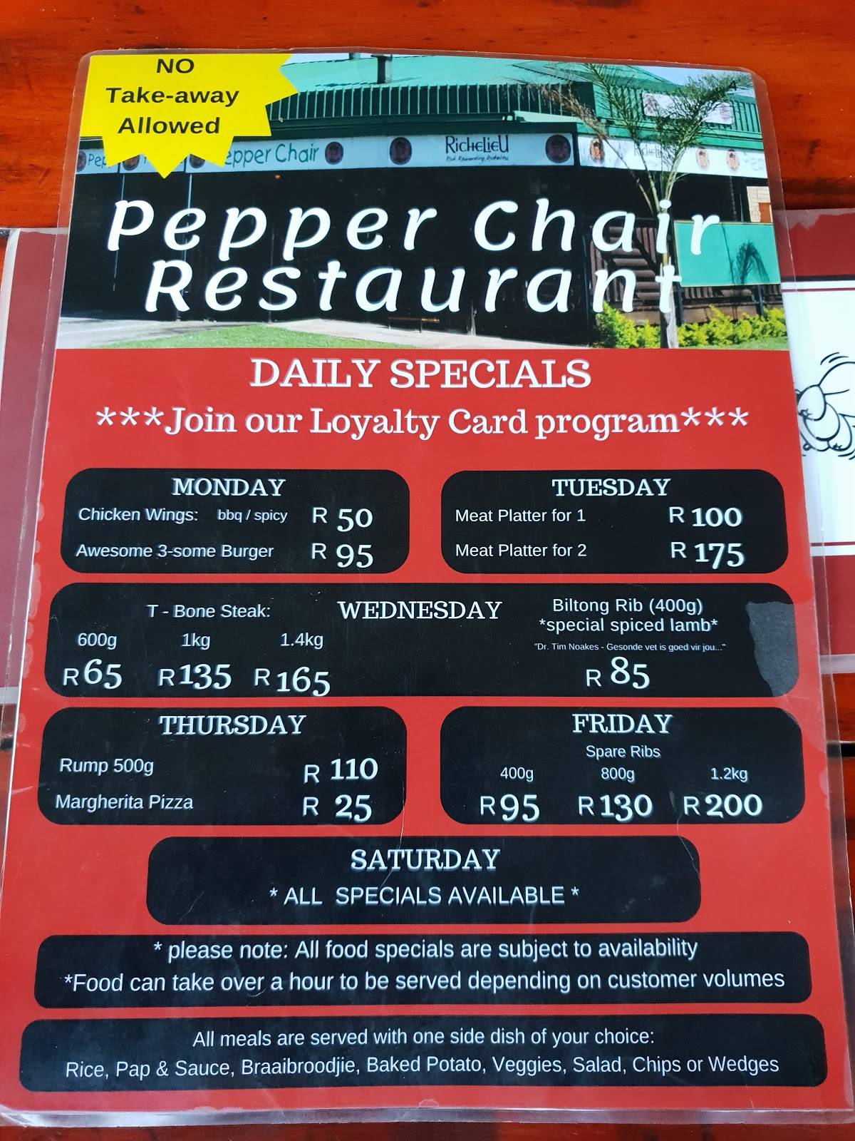 Menu at Pepper Chair Restaurant, Centurion