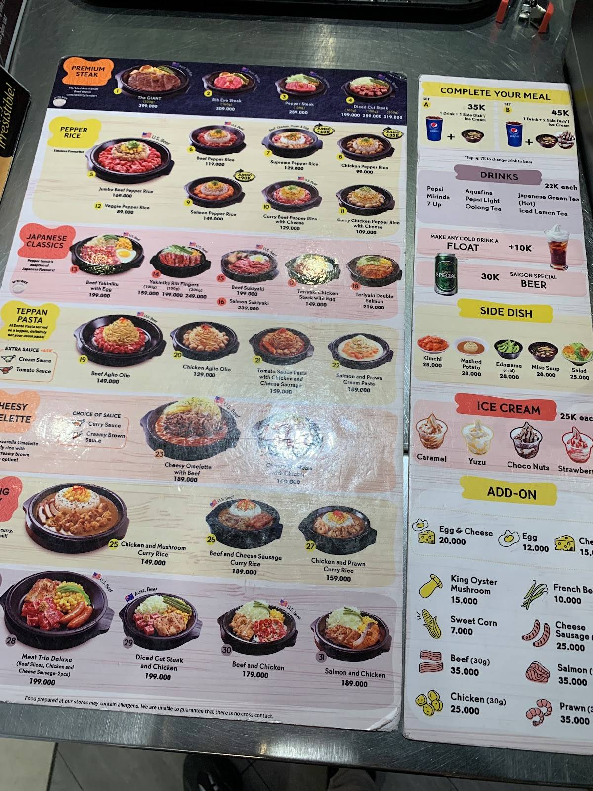 Menu at Pepper Lunch restaurant, Ho Chi Minh City, L3-03