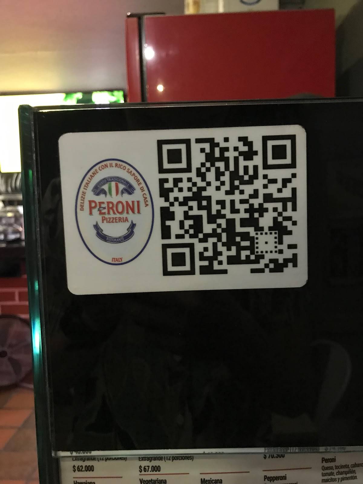 Carta de Peroni Pizzería, Medellín