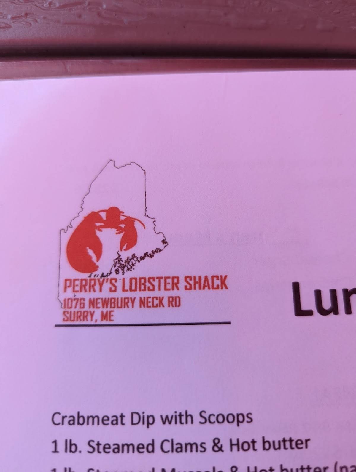 Menu at Perry's Lobster Shack restaurant, Surry, Newbury Neck Rd