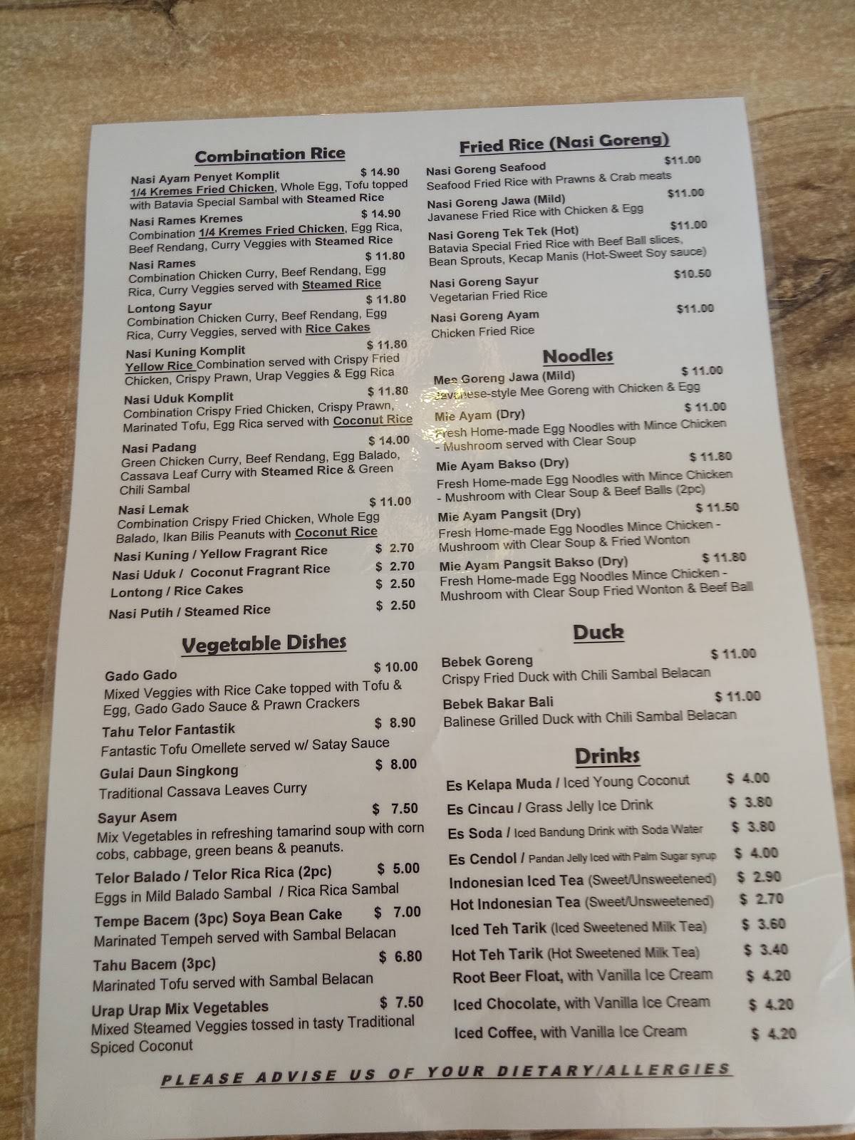 Menu at Batavia Corner restaurant, East Victoria Park