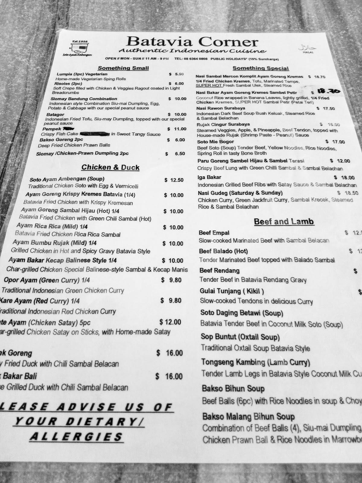 Menu at Batavia Corner restaurant, East Victoria Park