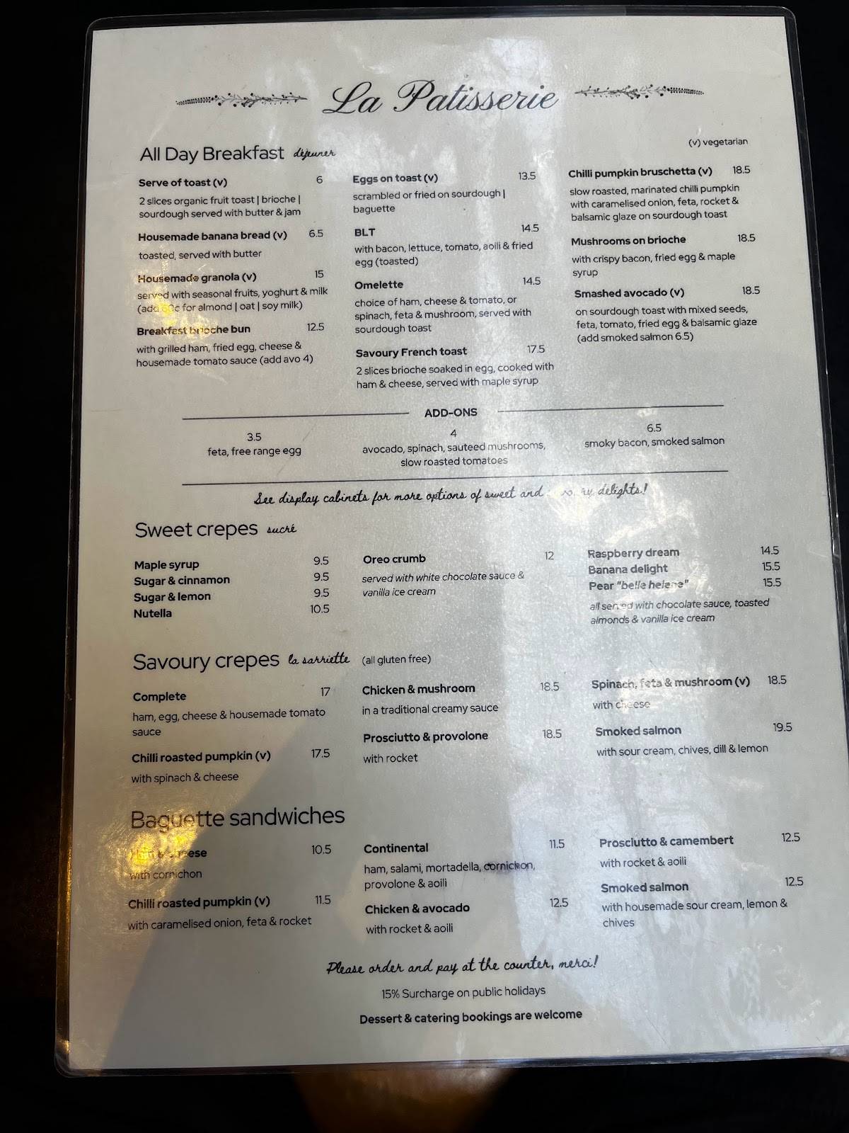 Menu at La Patisserie cafe, South Perth, 3/35 Mends St