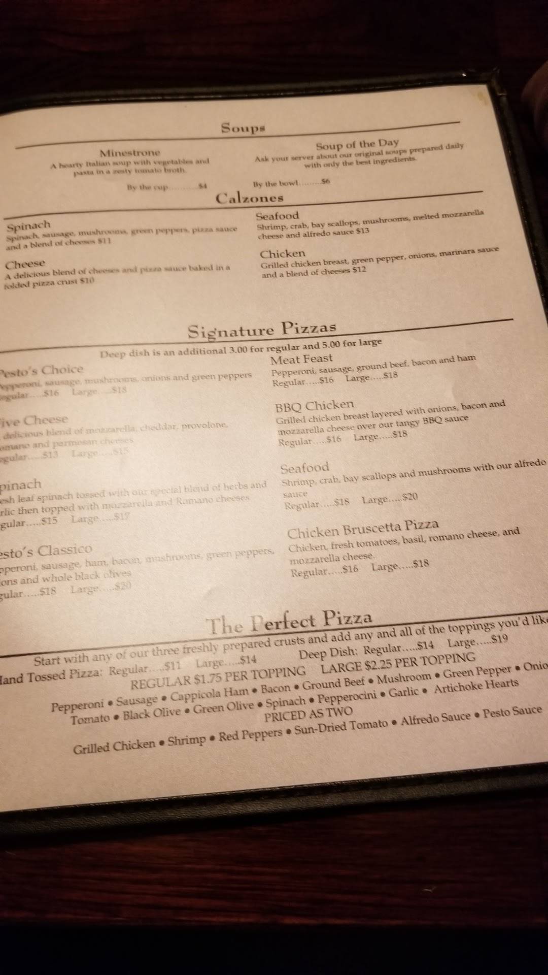 Menu at Pesto's Italian Restaurant, Valparaiso