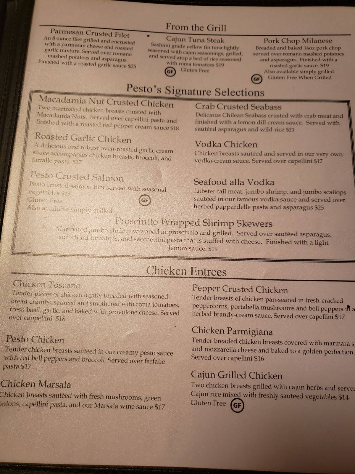 Menu at Pesto's Italian Restaurant, Valparaiso
