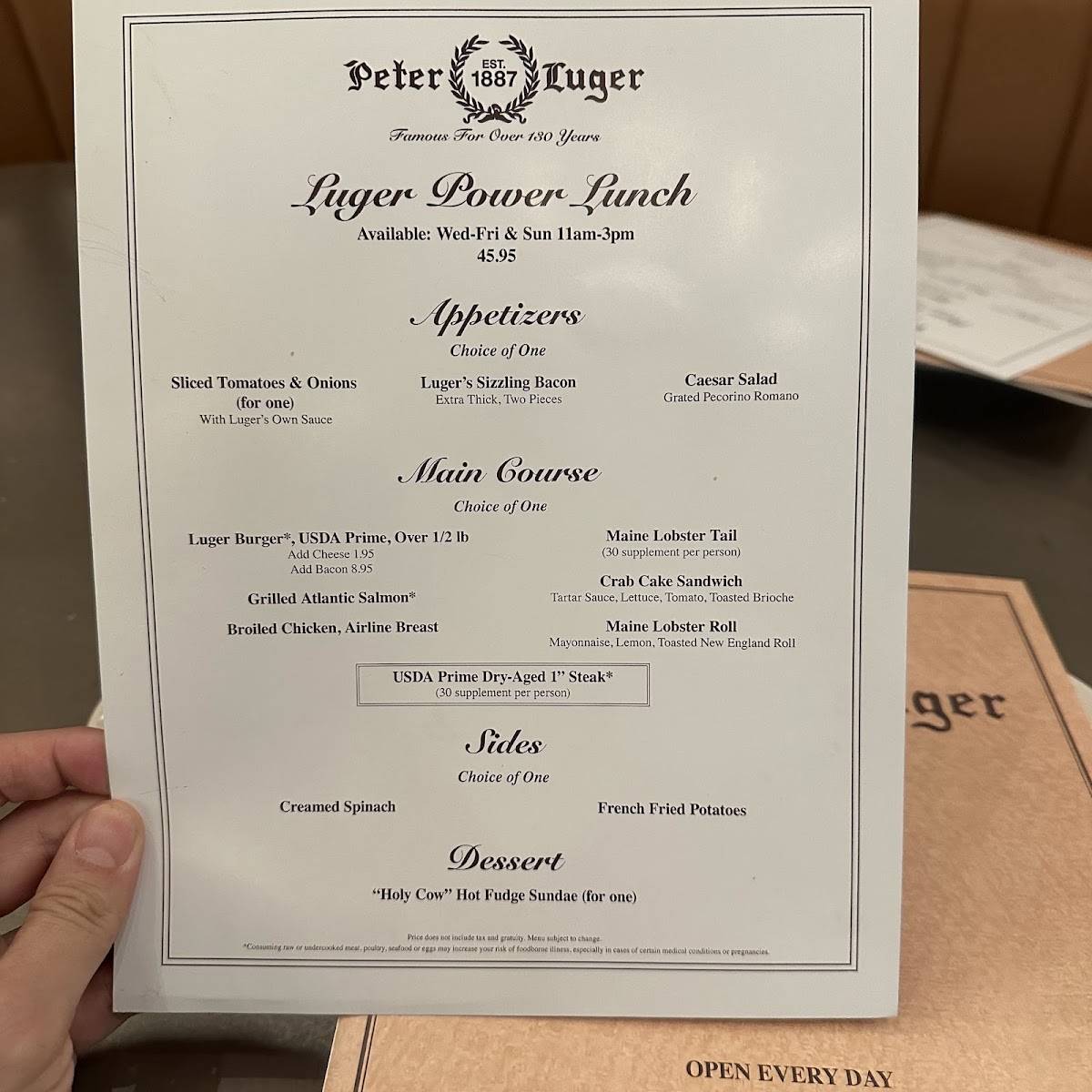 Menu at Peter Luger Steak House at Caesars Palace steakhouse, Las Vegas