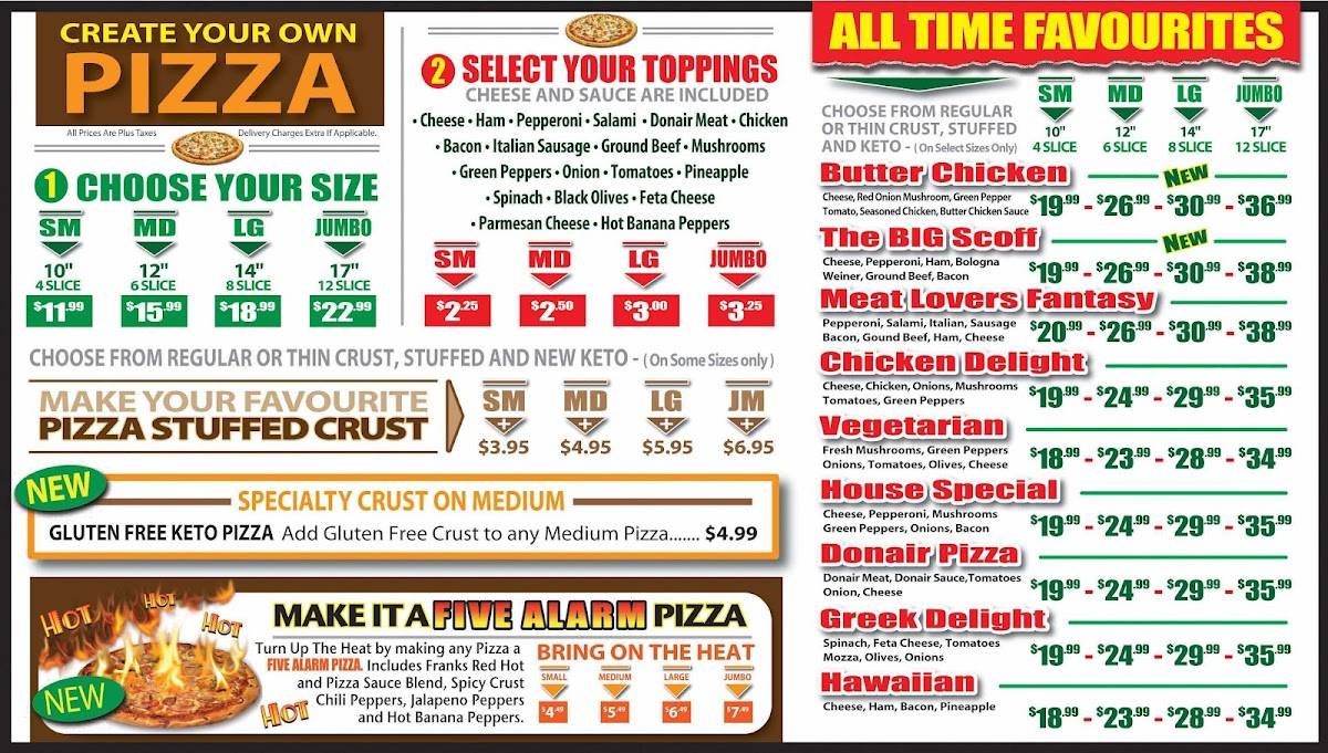 Menu at Peter's Pizza restaurant, Mount Pearl