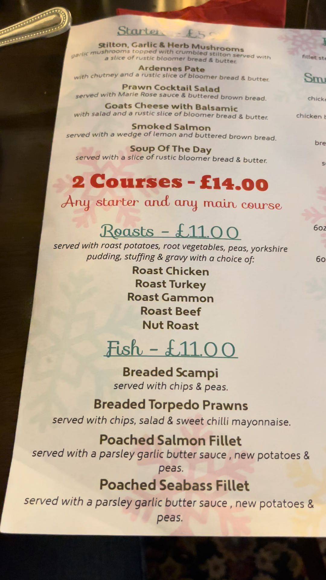 Menu at Smugglers Restaurant, Pevensey