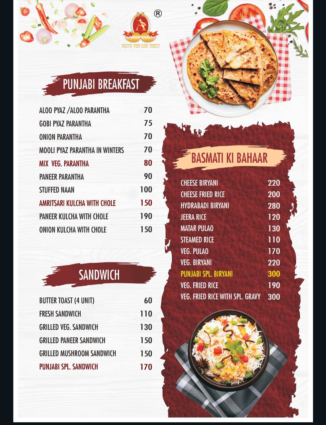 Menu at Apna Punjabi Dhaba, Phagwara