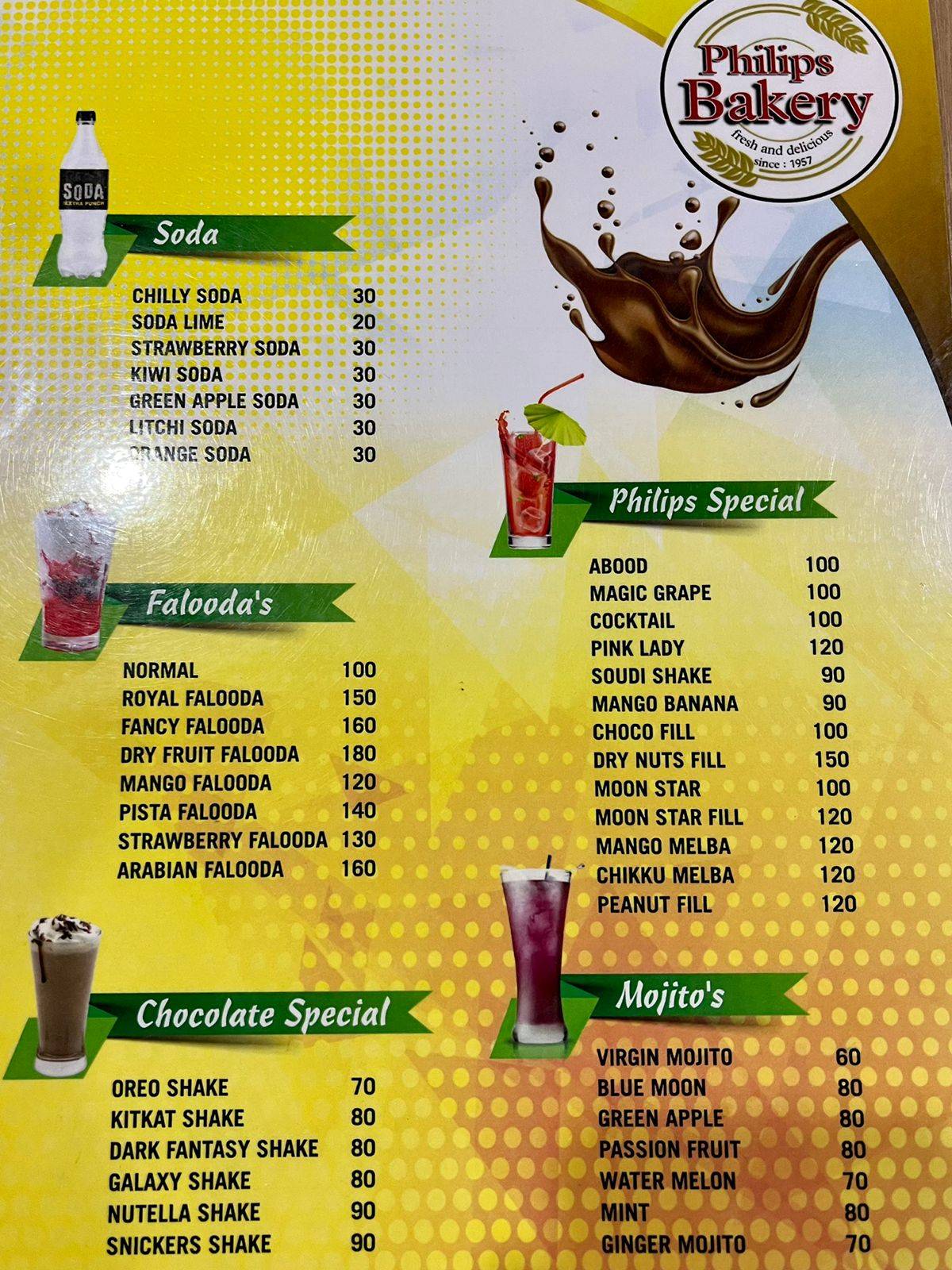 Menu at Philips Bakery, Kozhuvanal