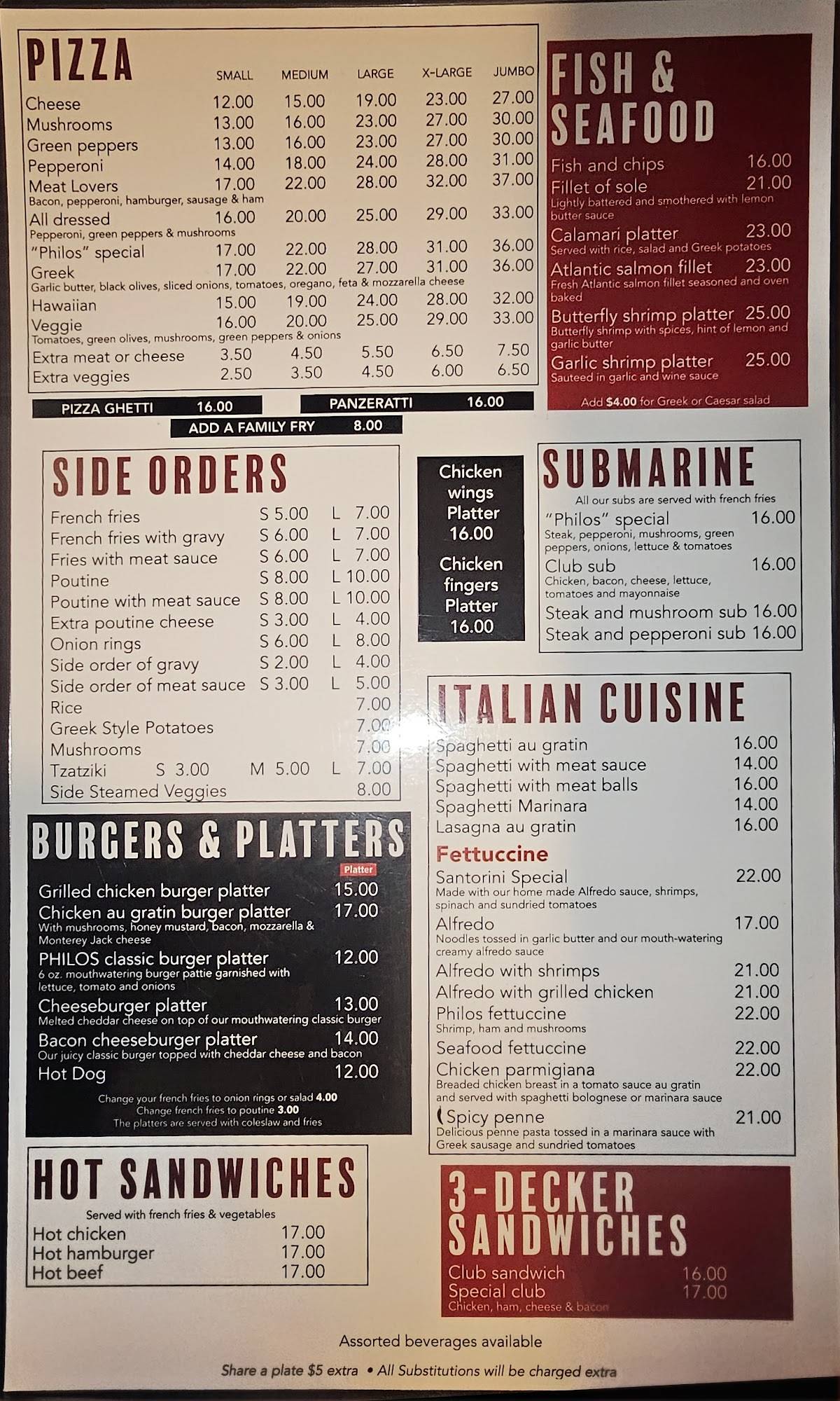 Menu at Philos Greek Cuisine and Pizzeria, Cornwall