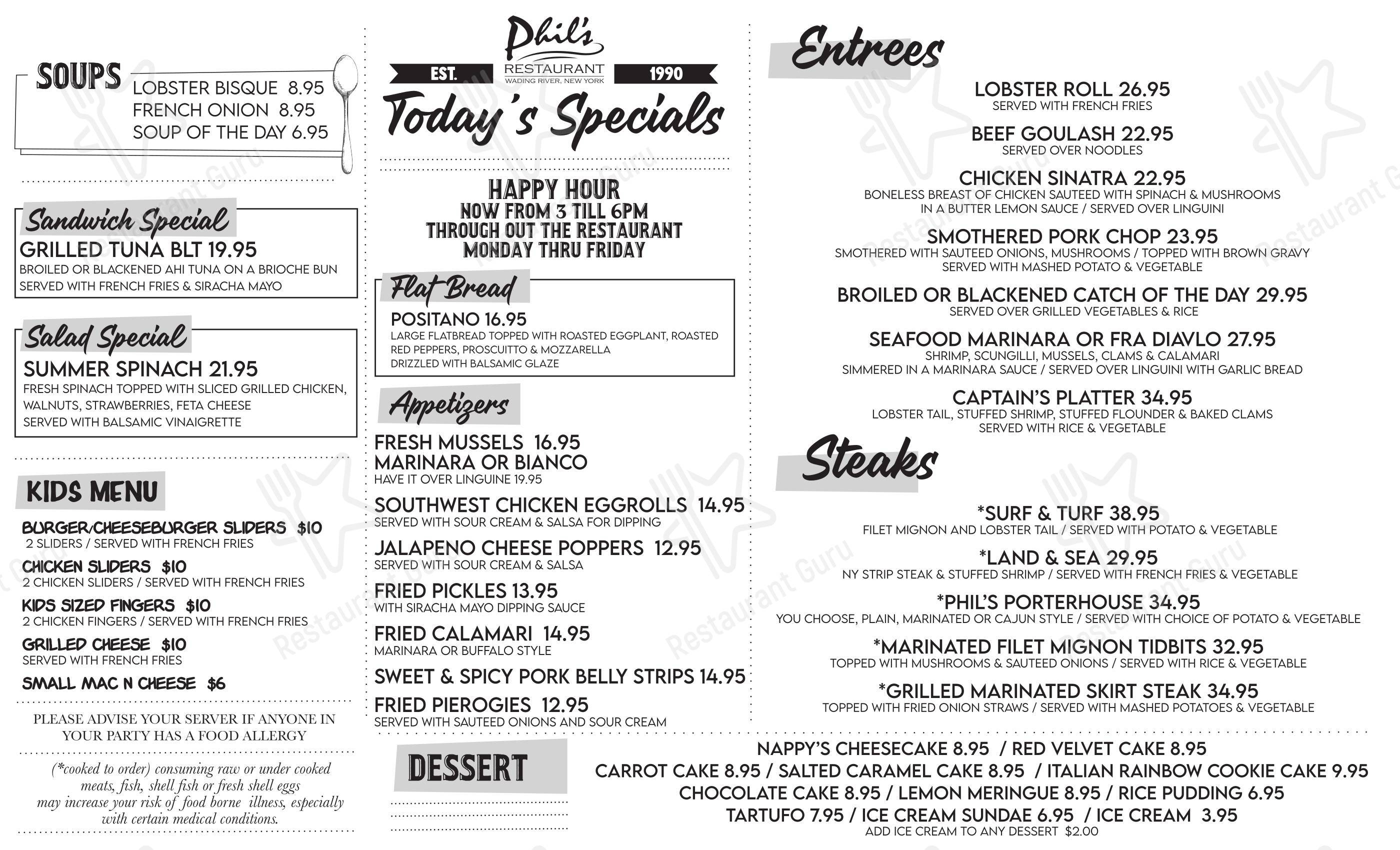 Menu at Phil's pub & bar, Wading River