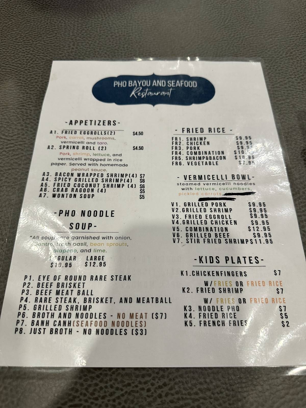 Menu at Pho Bayou Restaurant/Milk Tea, Jean Lafitte