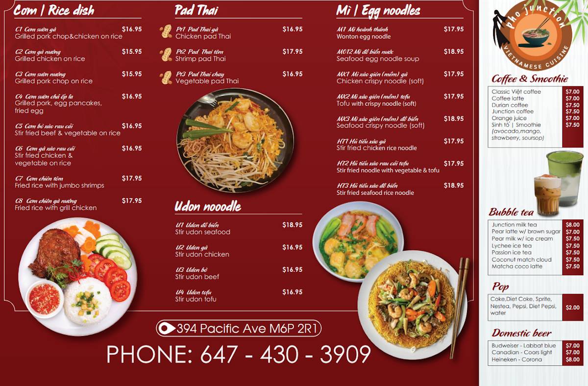 Menu at Pho Junction restaurant, Toronto, 394 Pacific Ave
