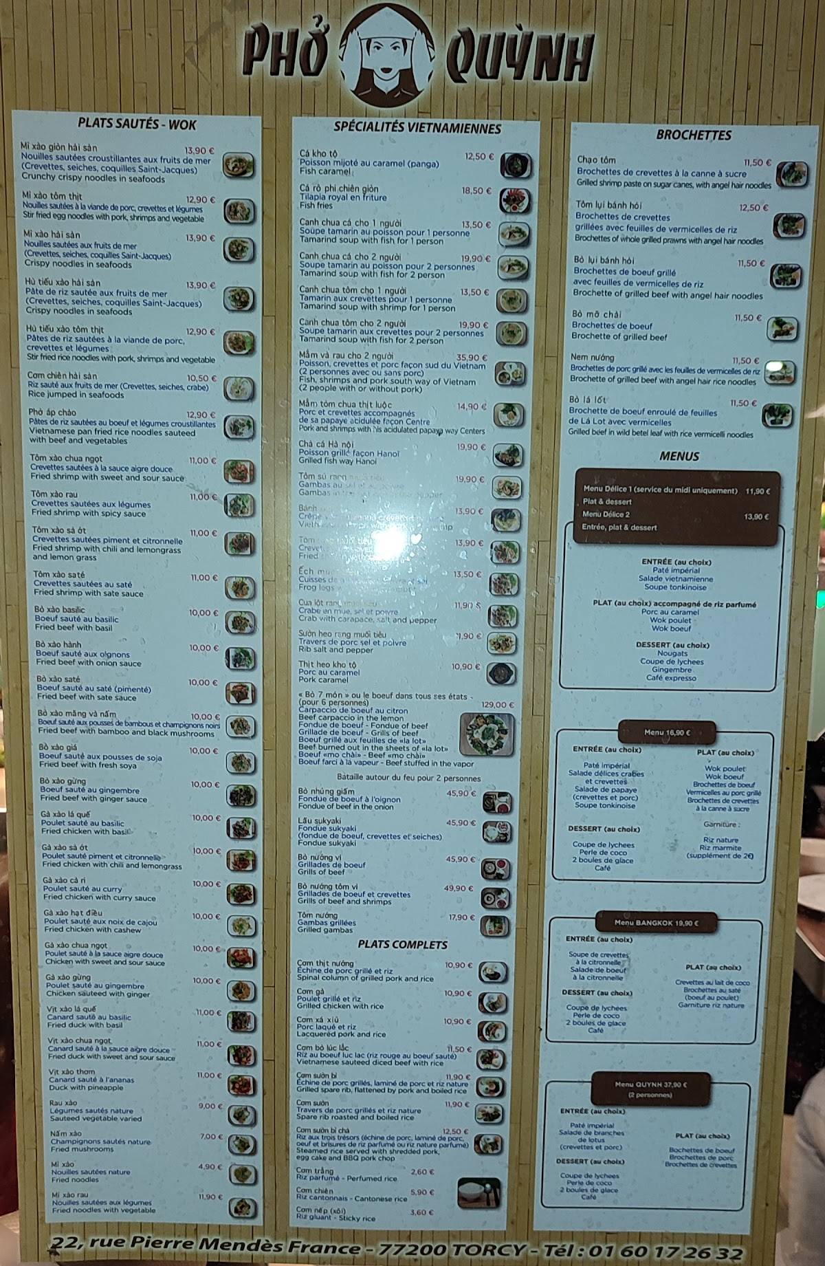 Menu au Pho Quynh restaurant, Torcy, 22 rue Pierre Mendes-France