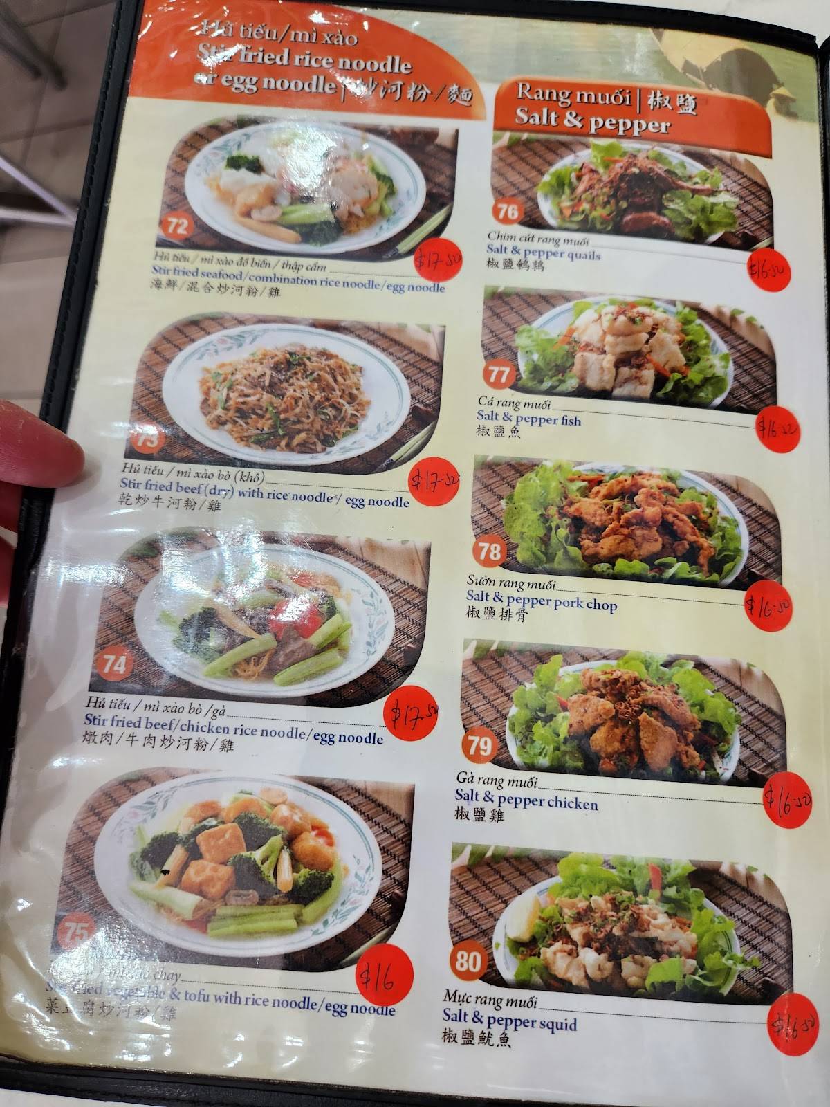 Menu at Pho Song Huong restaurant, Riverwood