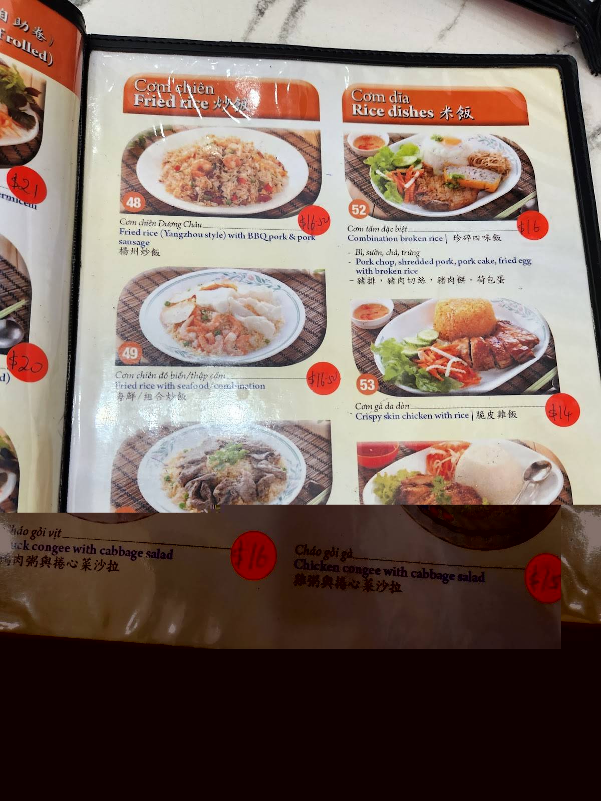 Menu at Pho Song Huong restaurant, Riverwood