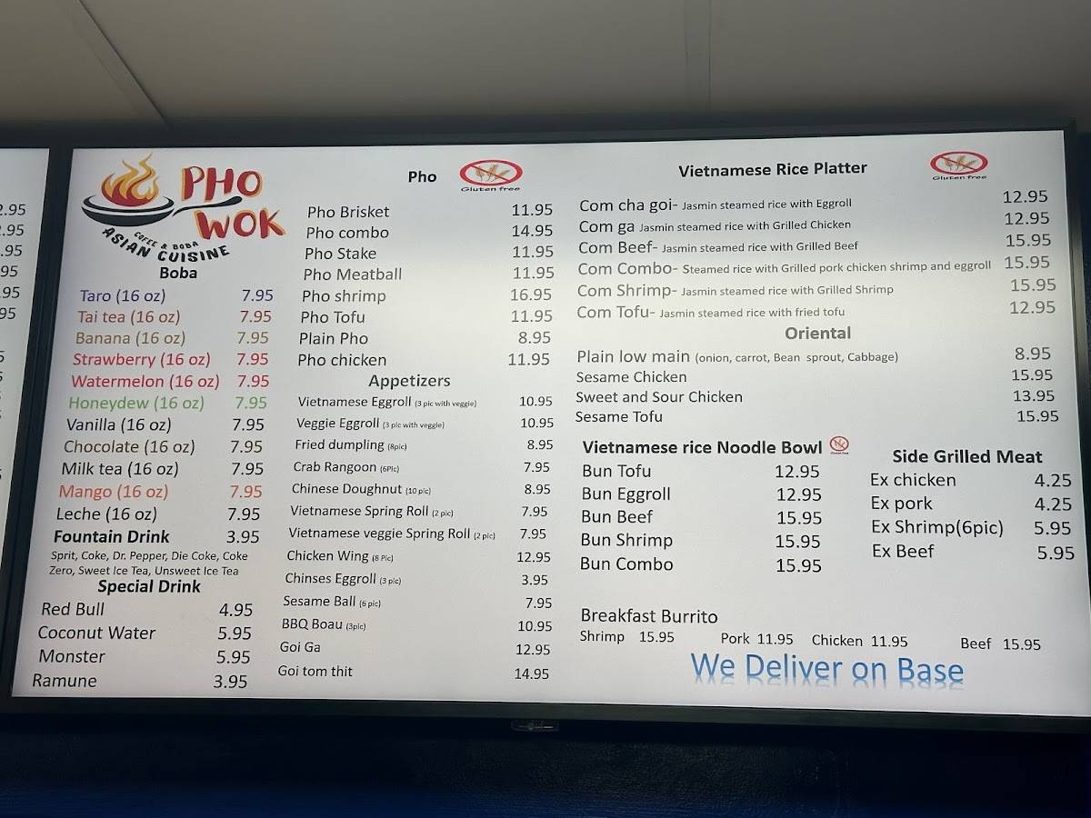 Menu at Pho Wok restaurant, U.S. Air Force Academy