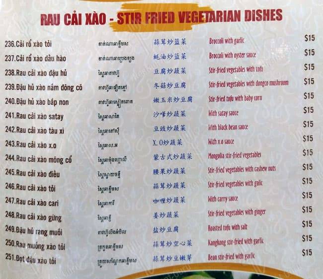 Menu at Phu Tho restaurant, Springvale