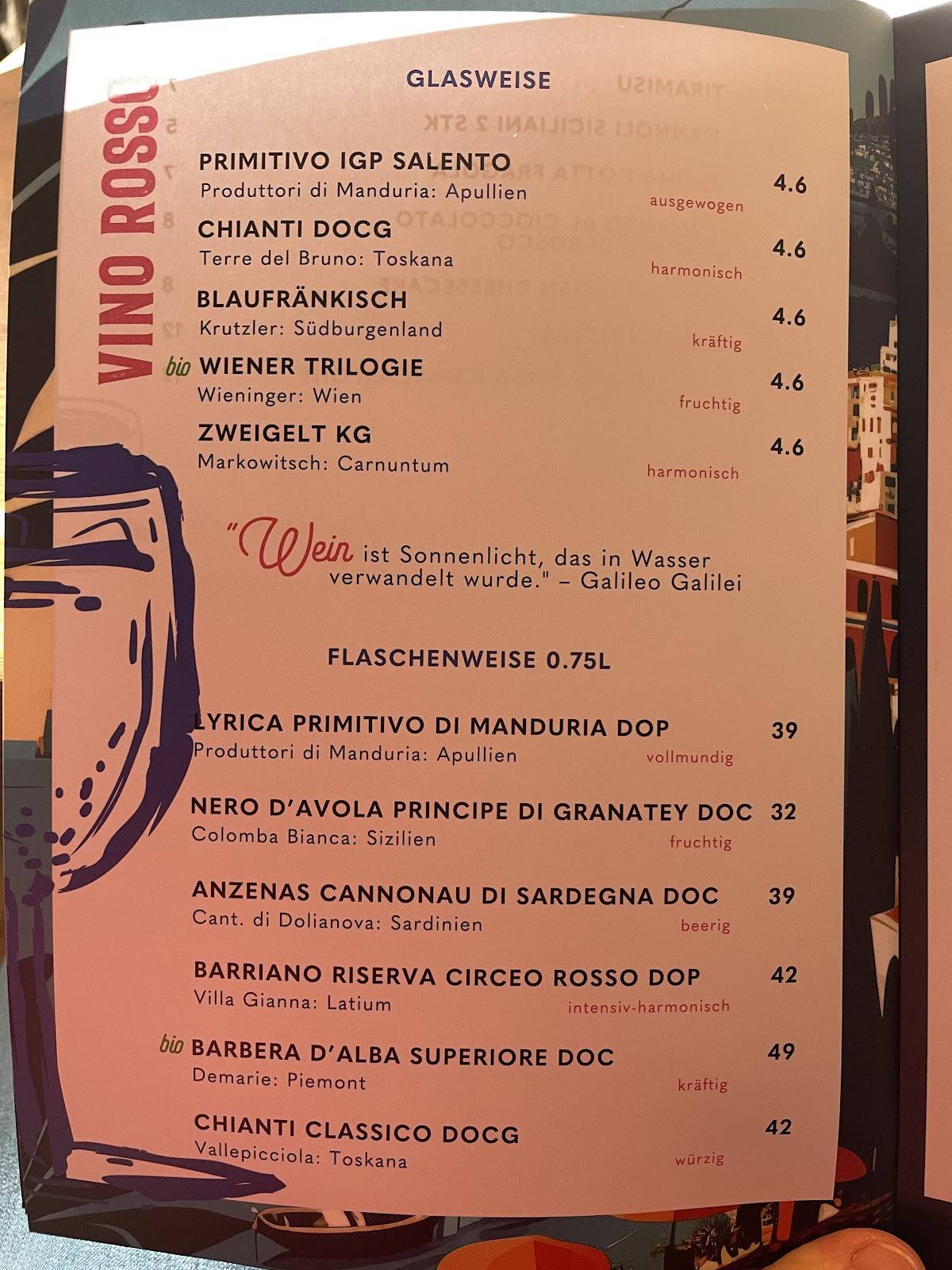 Carta del restaurante Piazza Colombo, Viena