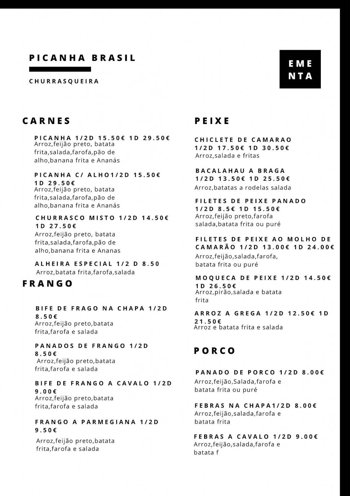 Menu em Picanha Brasil Oficial restaurante, Castelo do Neiva