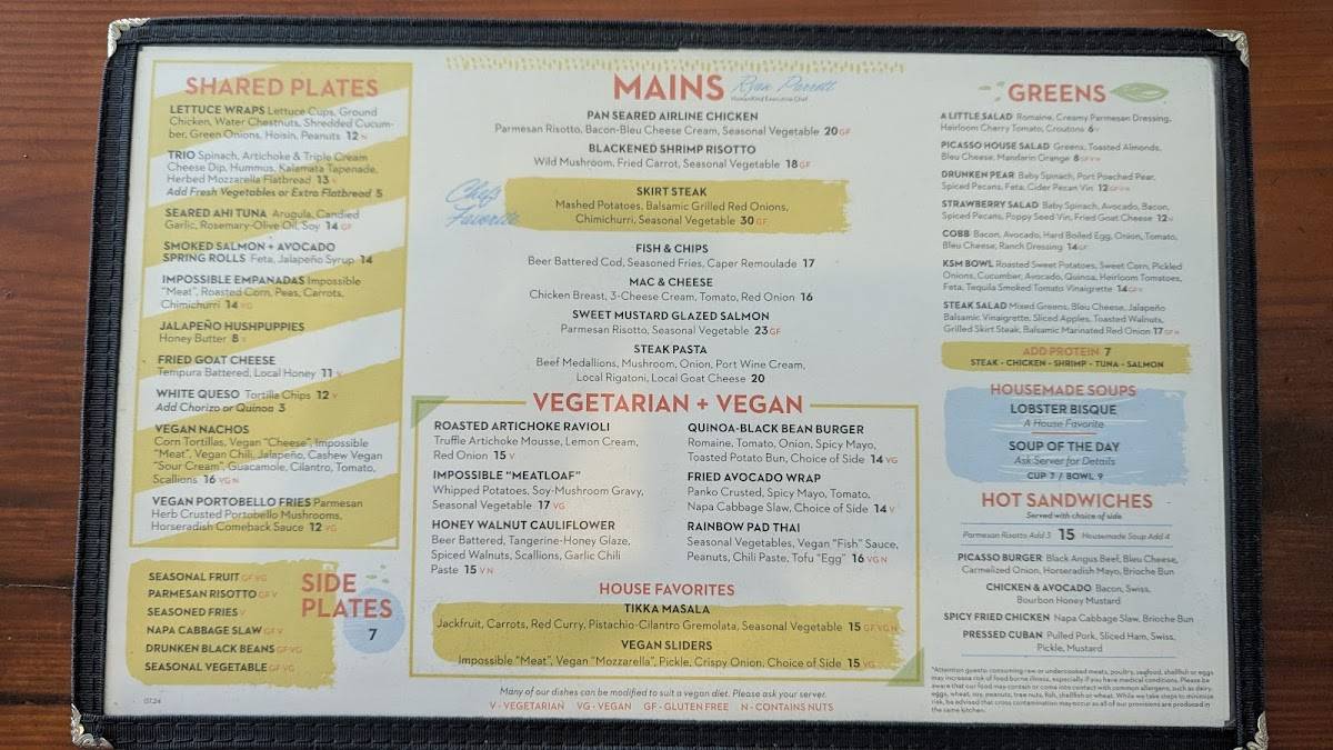 Menu at Picasso Cafe, Oklahoma City