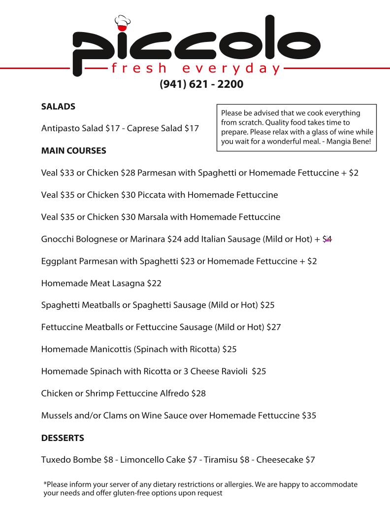 Menu at Piccolo Italian Restaurant, Punta Gorda