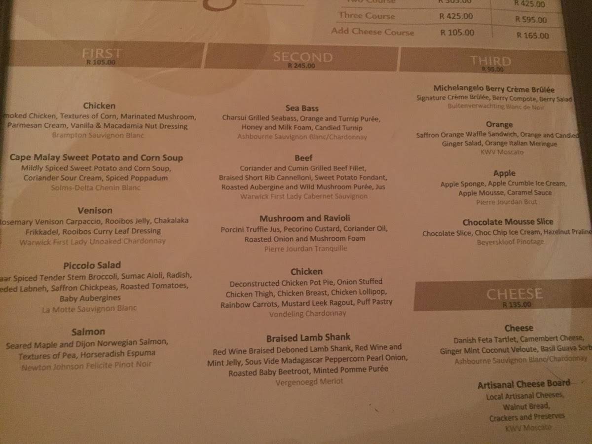 Menu at Piccolo Mondo restaurant, Sandton, Mandela Square